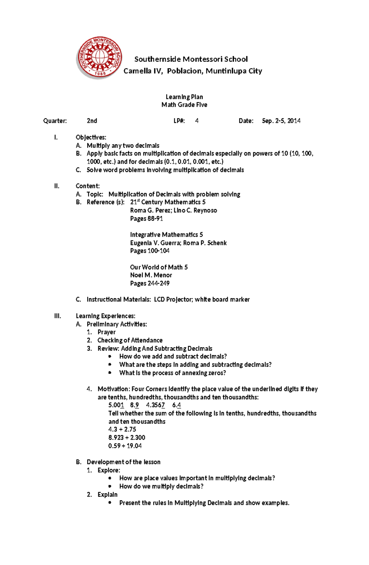 Multiplication of Decimals witrh Problem Solving - Southernside ...