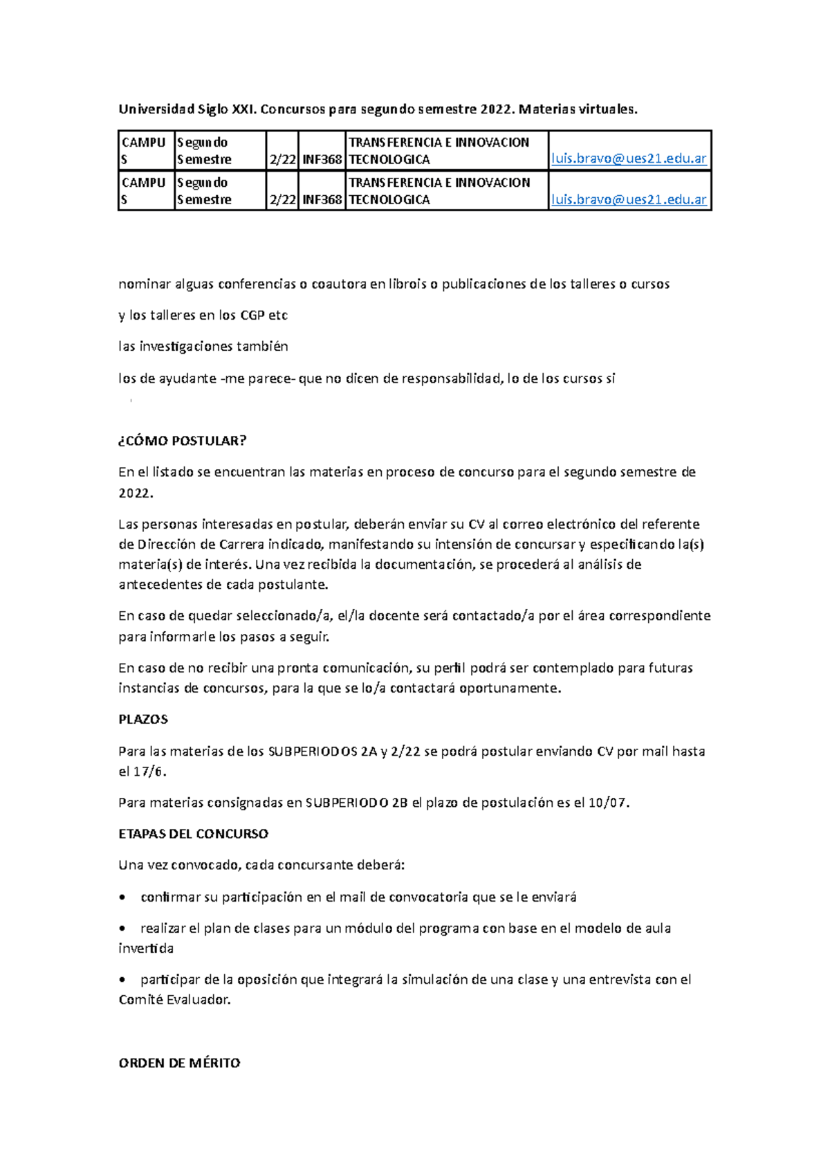 Universidad Siglo XXI - Detalle de dos materias a concursar para el ...