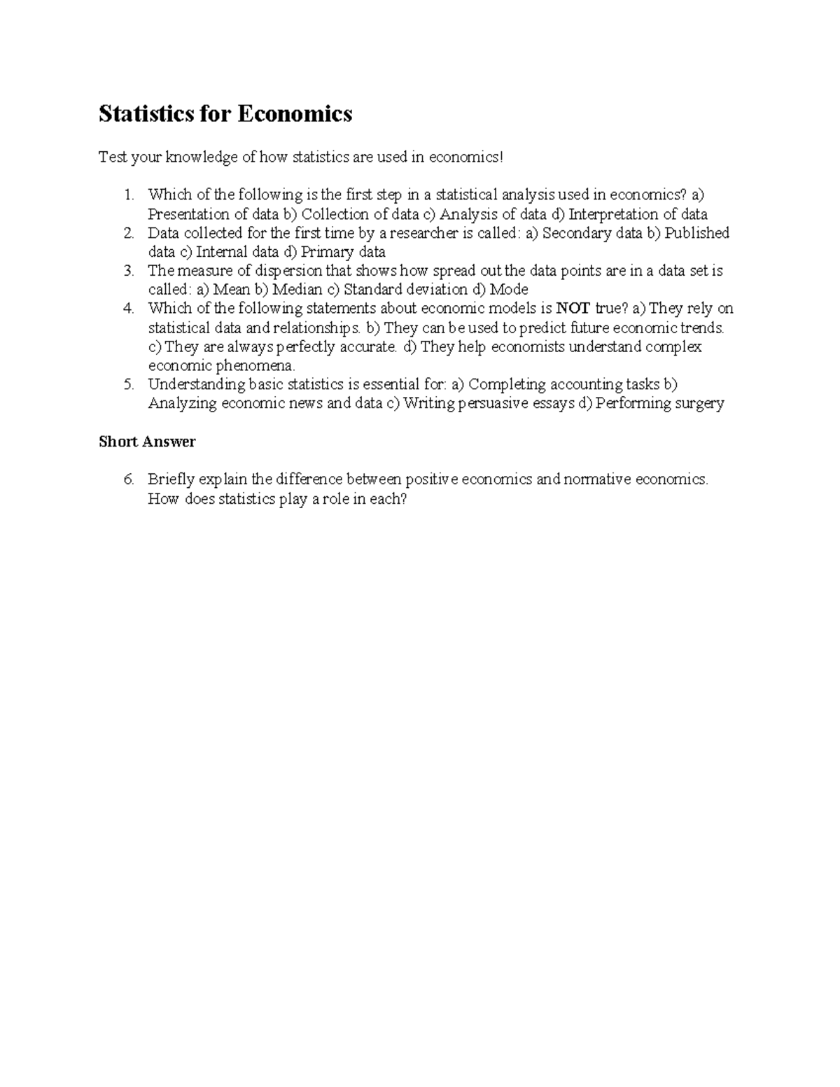 Quiz 11 - notes - Statistics for Economics Test your knowledge of how ...