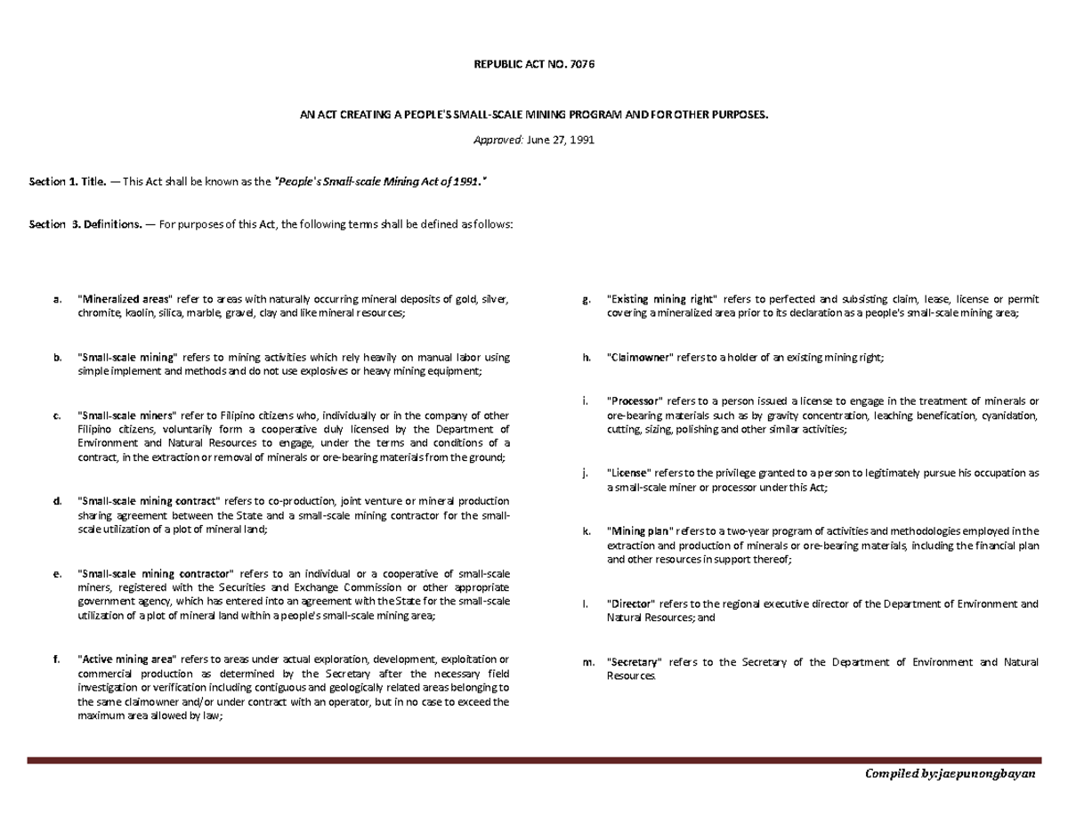 Republic ACT NO. 7076 DT - Compiled by:jaepunongbayan REPUBLIC ACT NO. 7076 AN ACT CREATING A ...
