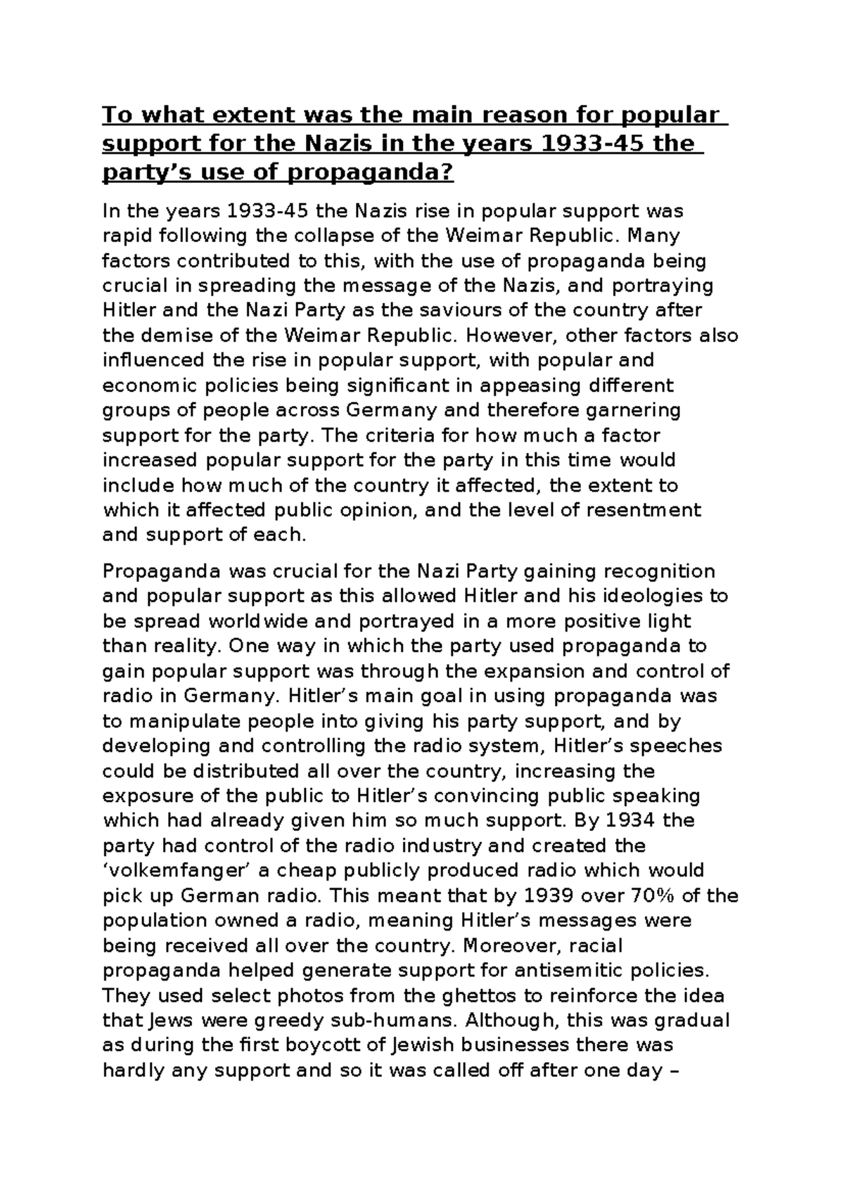 Reason for Nazi Support Essay - To what extent was the main reason for ...