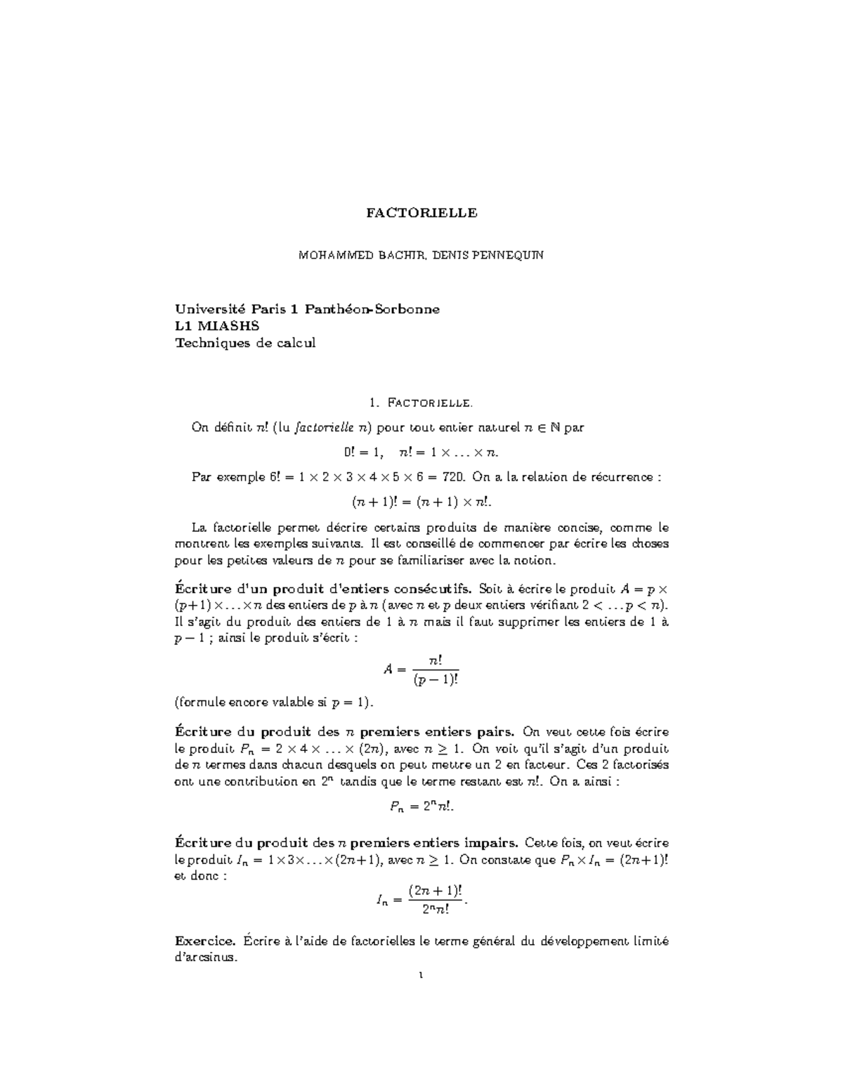 Factoriel 2 - FACTORIELLE MOHAMMED BACHIR, DENIS PENNEQUIN Universit ́e ...