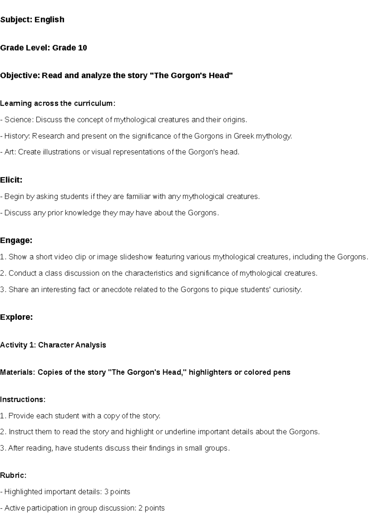 Lesson plan - Subject: English Grade Level: Grade 10 Objective: Read ...