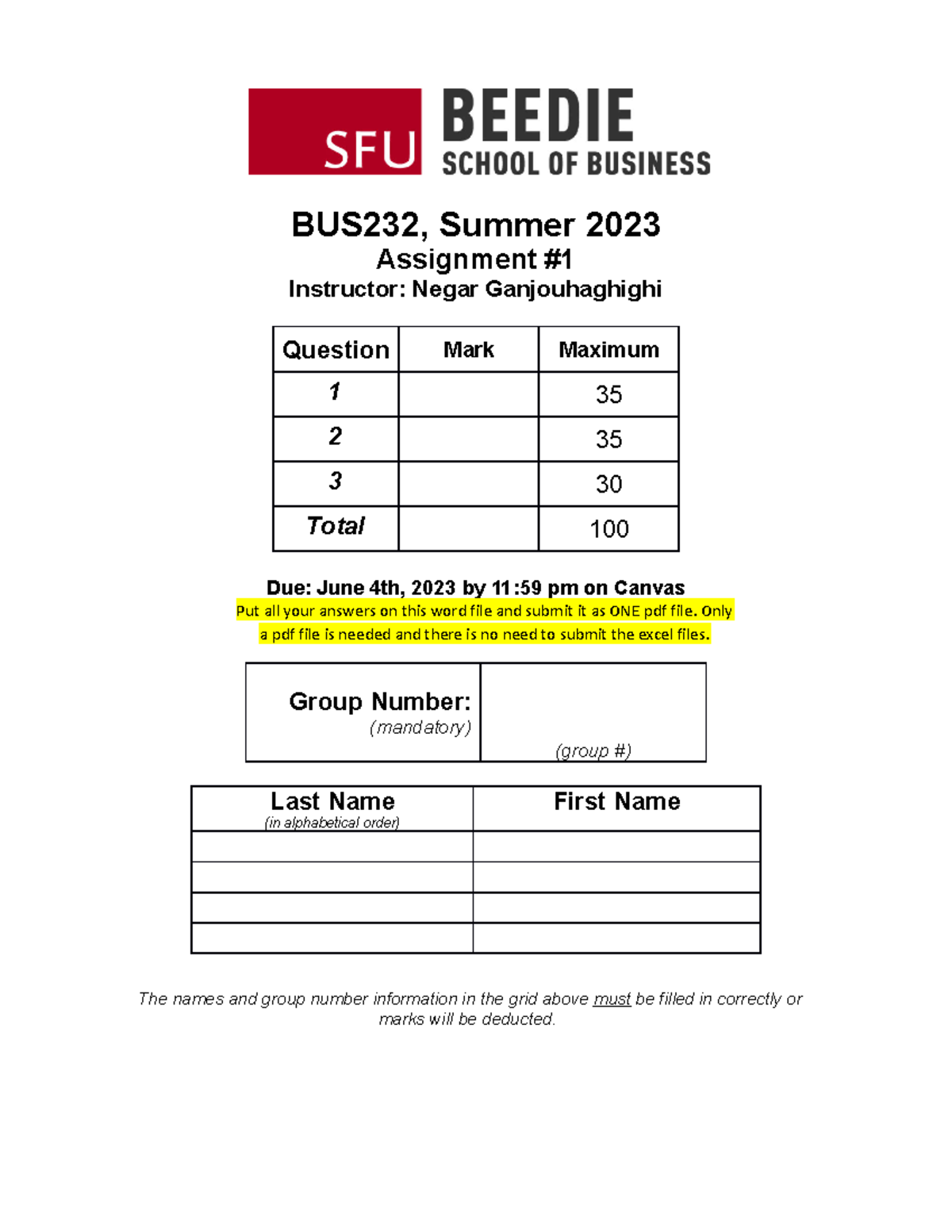 Assignment 1 Instructions - BUS232, Summer 2023 Assignment Instructor ...