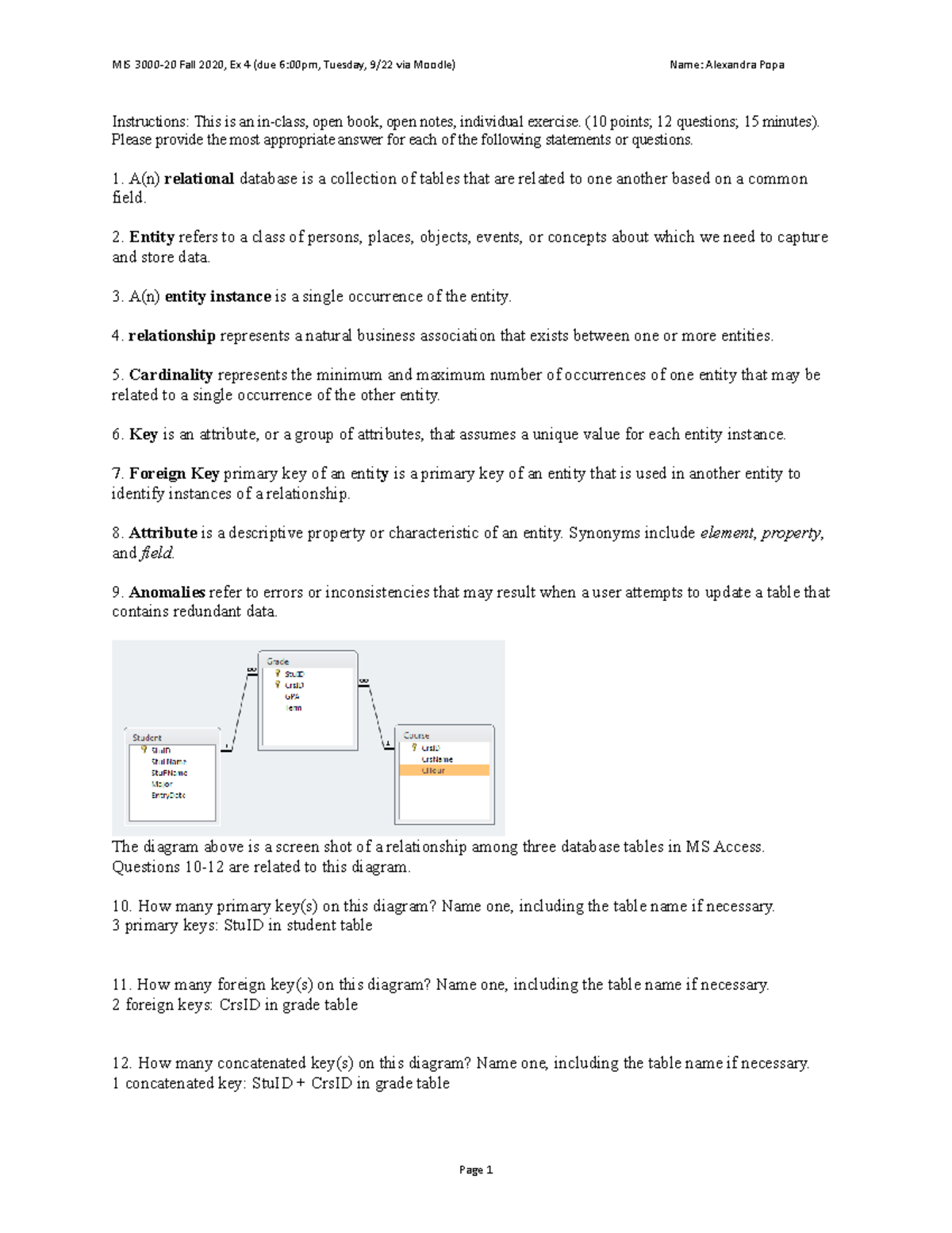 MIS 3000- Ex 4 DB Concepts - MIS 3000-20 Fall 2020, Ex 4 (due 6:00pm ...
