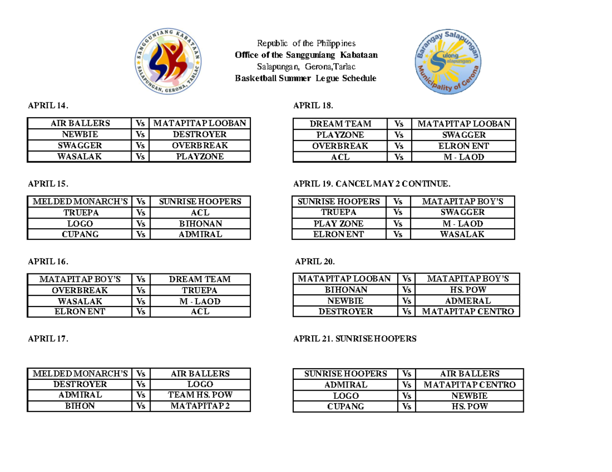 Summer- Legue- Sched-2024 Official - Republic of the Philippines Office ...