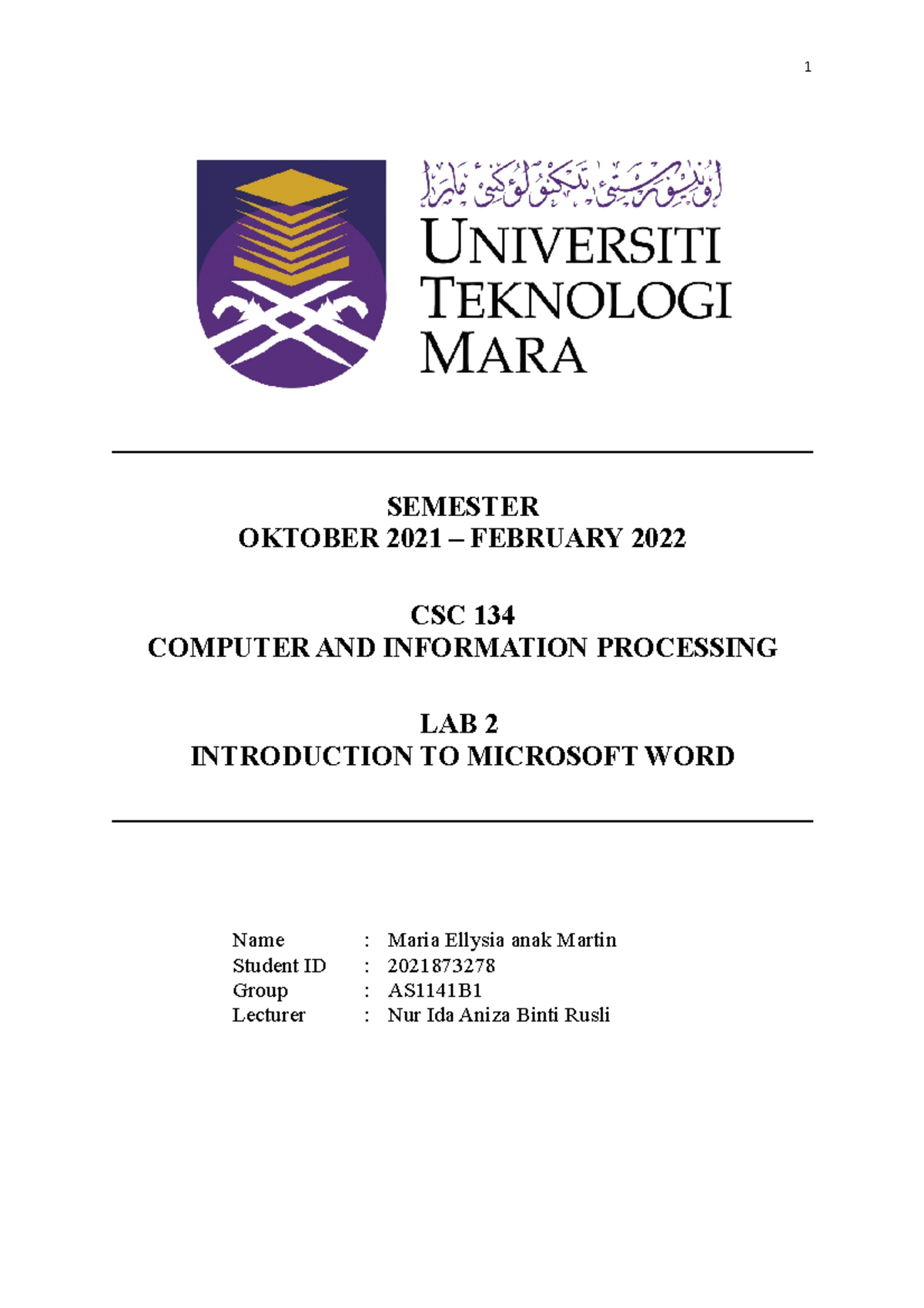 Introduction to Microsoft Word - SEMESTER OKTOBER 2021 – FEBRUARY 2022 ...