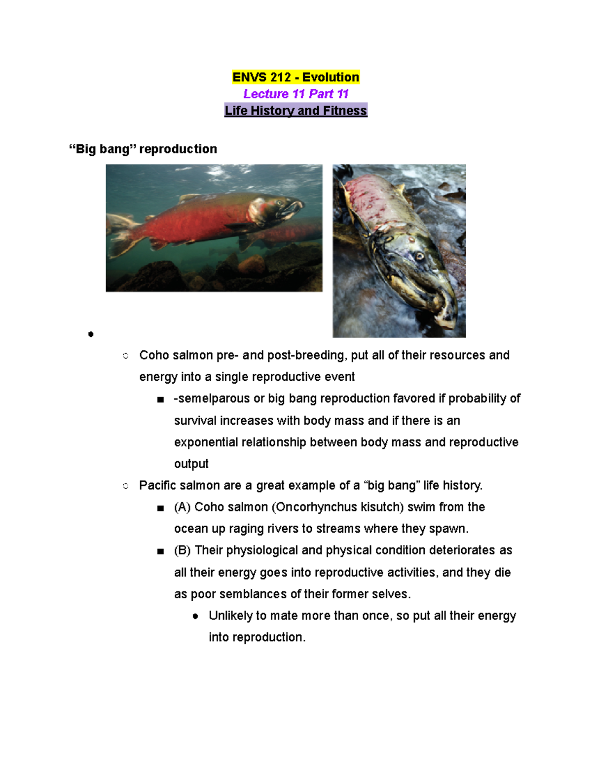 ENVS 212 Lecture 11 Part 11 - Spring 2020 - ENVS 212 - Evolution Lecture 11 Part 11 Life History ...