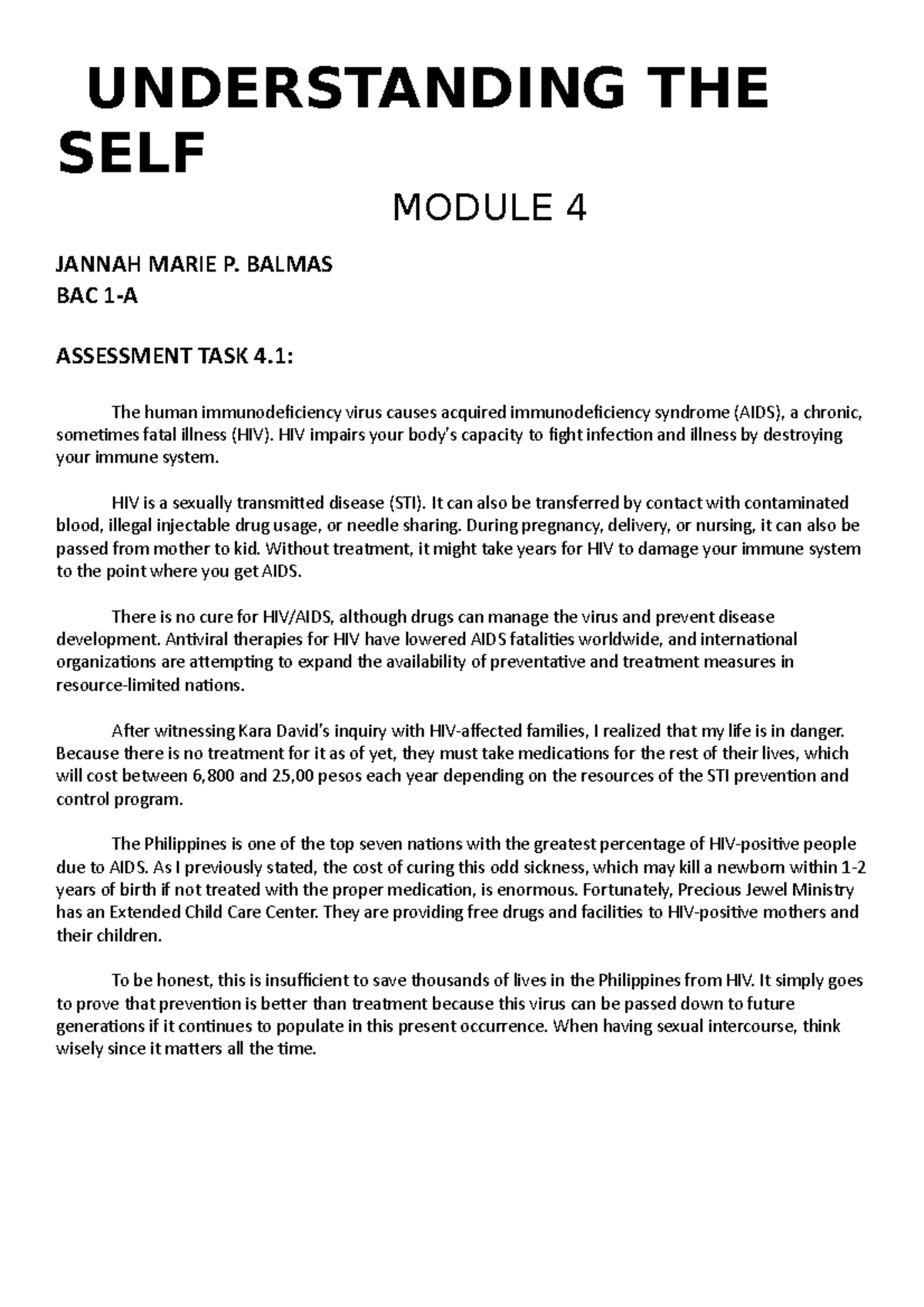 Understanding THE SELF 4 - UNDERSTANDING THE SELF MODULE 4 JANNAH MARIE P. BALMAS BAC 1-A ...