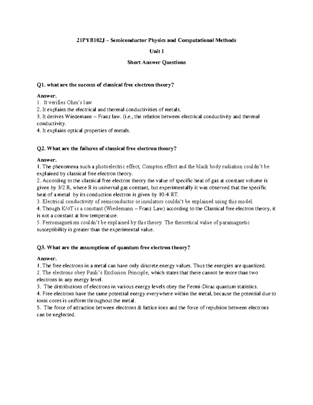 SPCM unit 1 QB - 21PYB102J – Semiconductor Physics and Computational Methods Unit I Short Answer ...