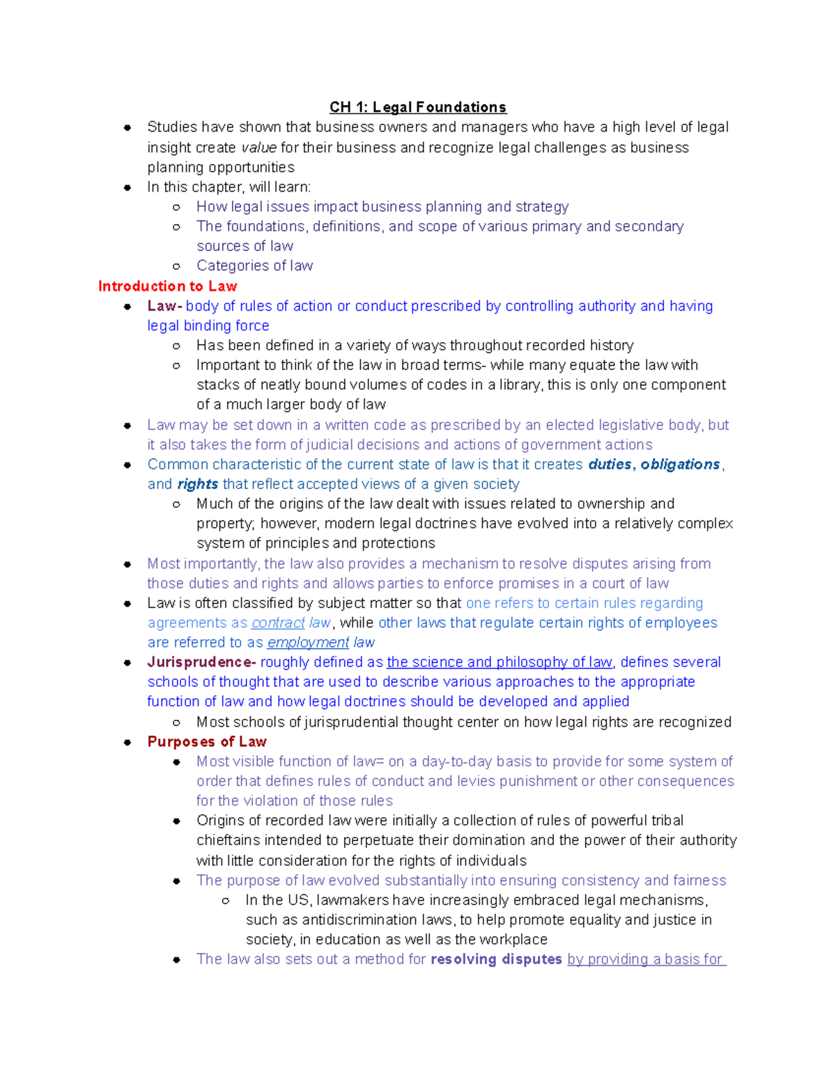 Textbook Notes LAW ch 1 - CH 1: Legal Foundations Studies have shown ...