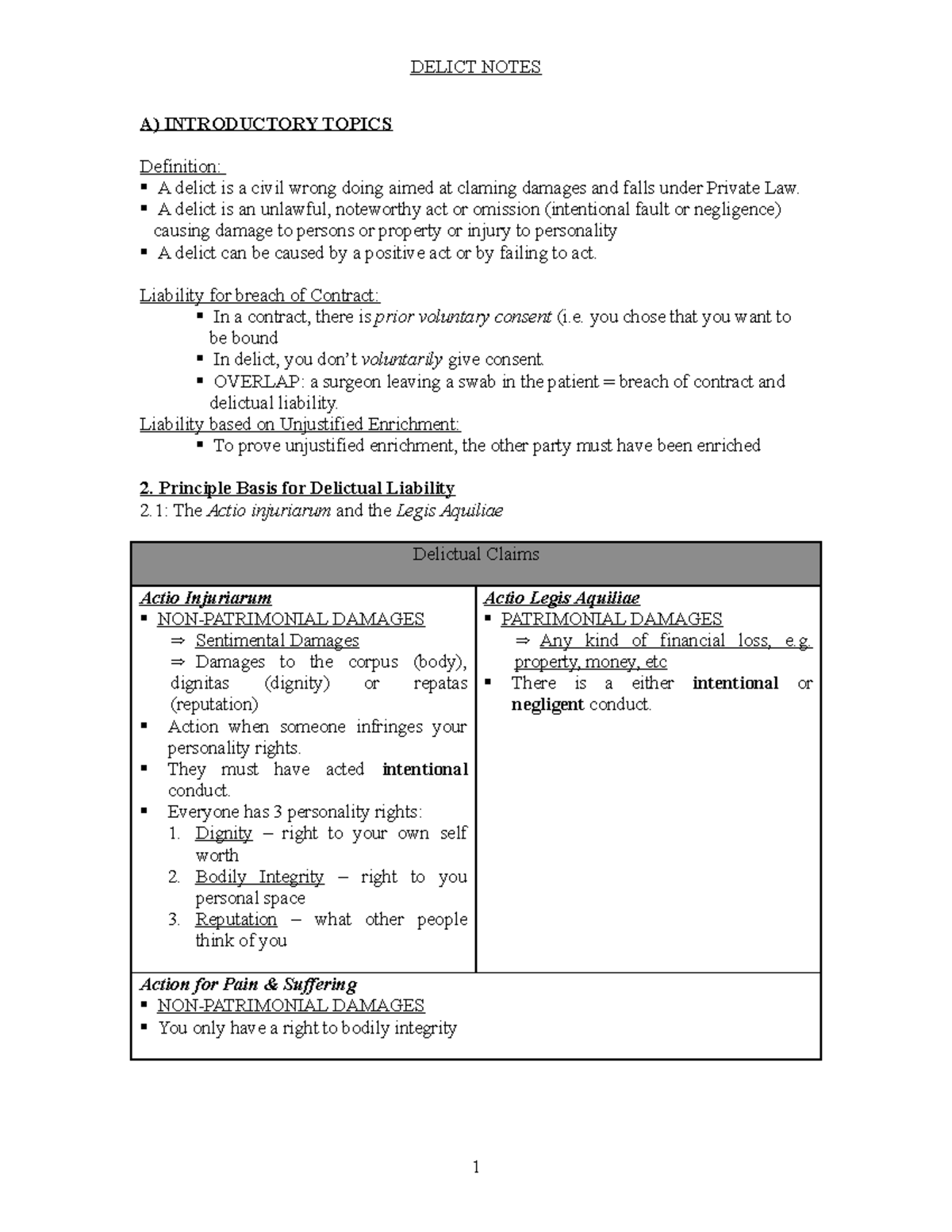 Delict Notes (Term 1) - lecture summaries - A) INTRODUCTORY TOPICS ...