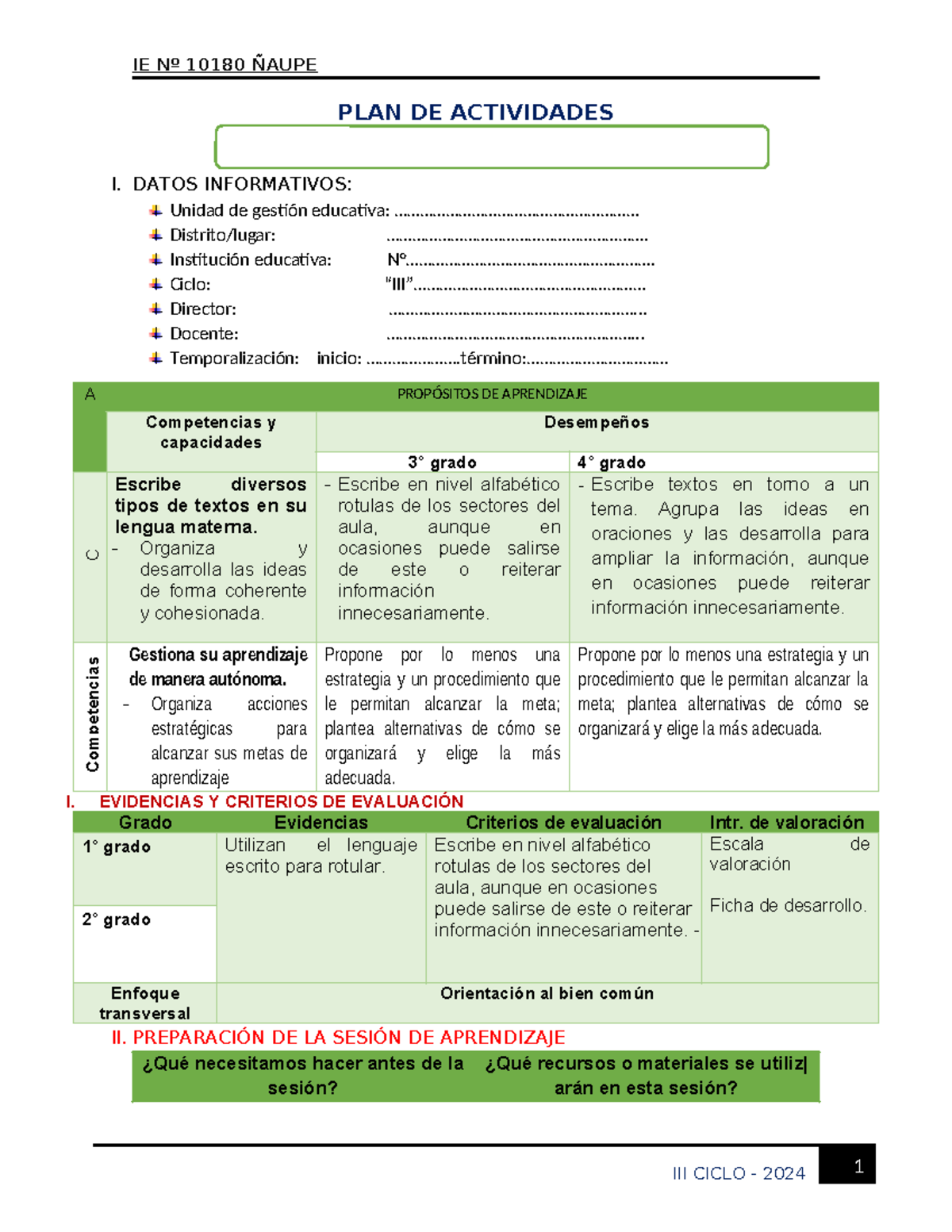 III Ciclo - Actividad N°1 - PLAN DE ACTIVIDADES I. DATOS INFORMATIVOS: Unidad de gestión ...