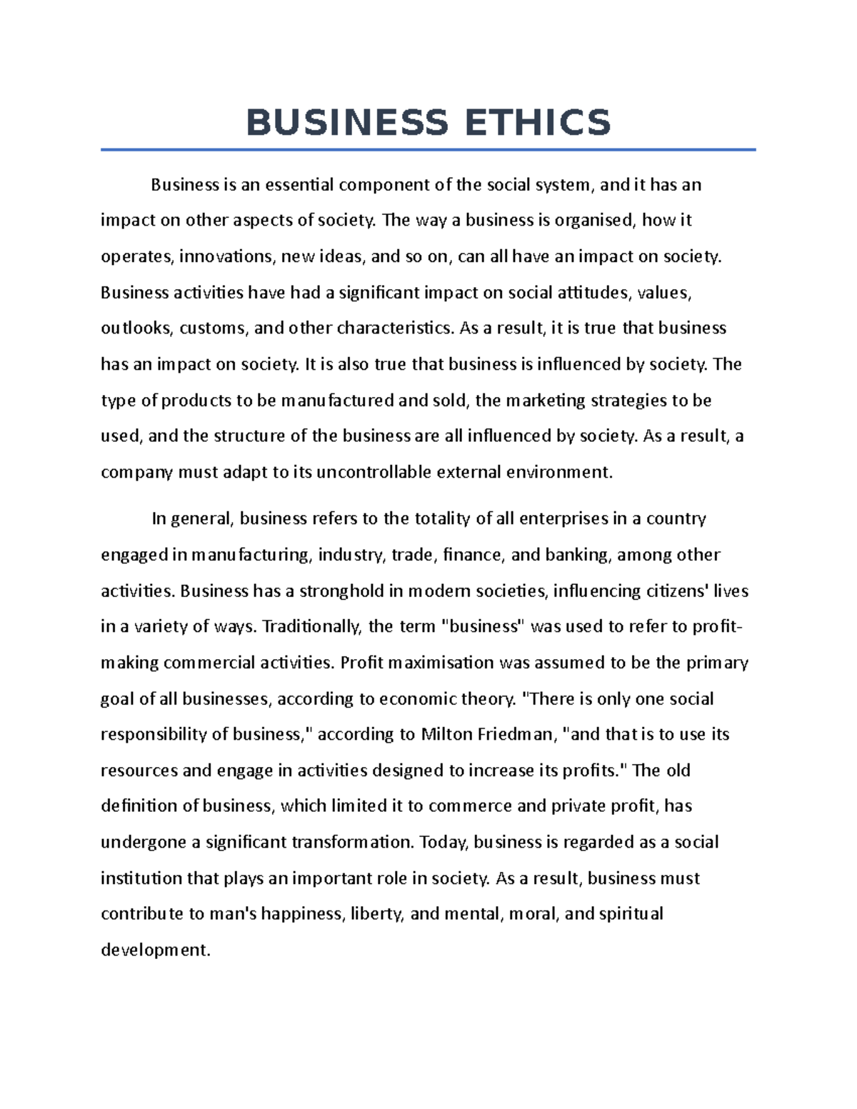 Brief NOTE ON Business Ethics - BUSINESS ETHICS Business is an ...
