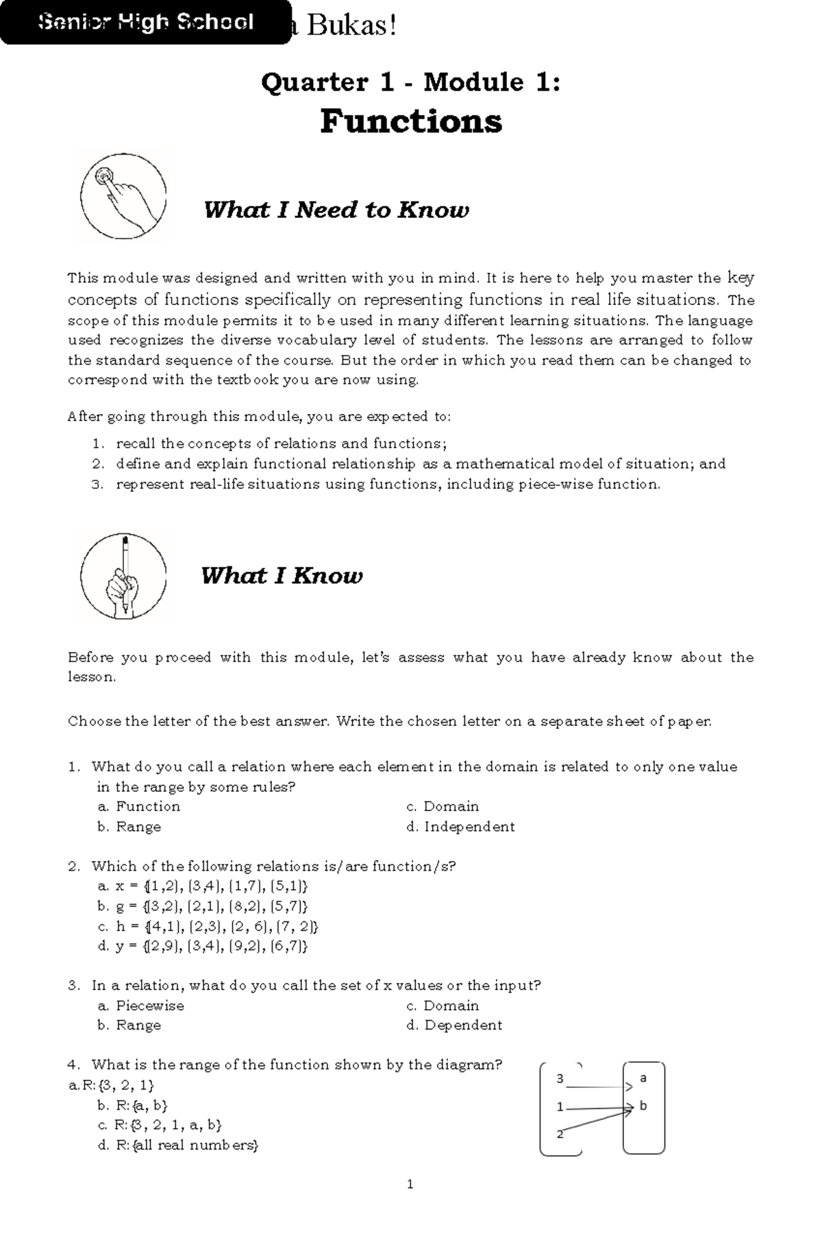 GEN MATH Q1 Module 1 - AGSDG - ####### Quarter 1 - Module 1: Functions What I Need to Know This ...