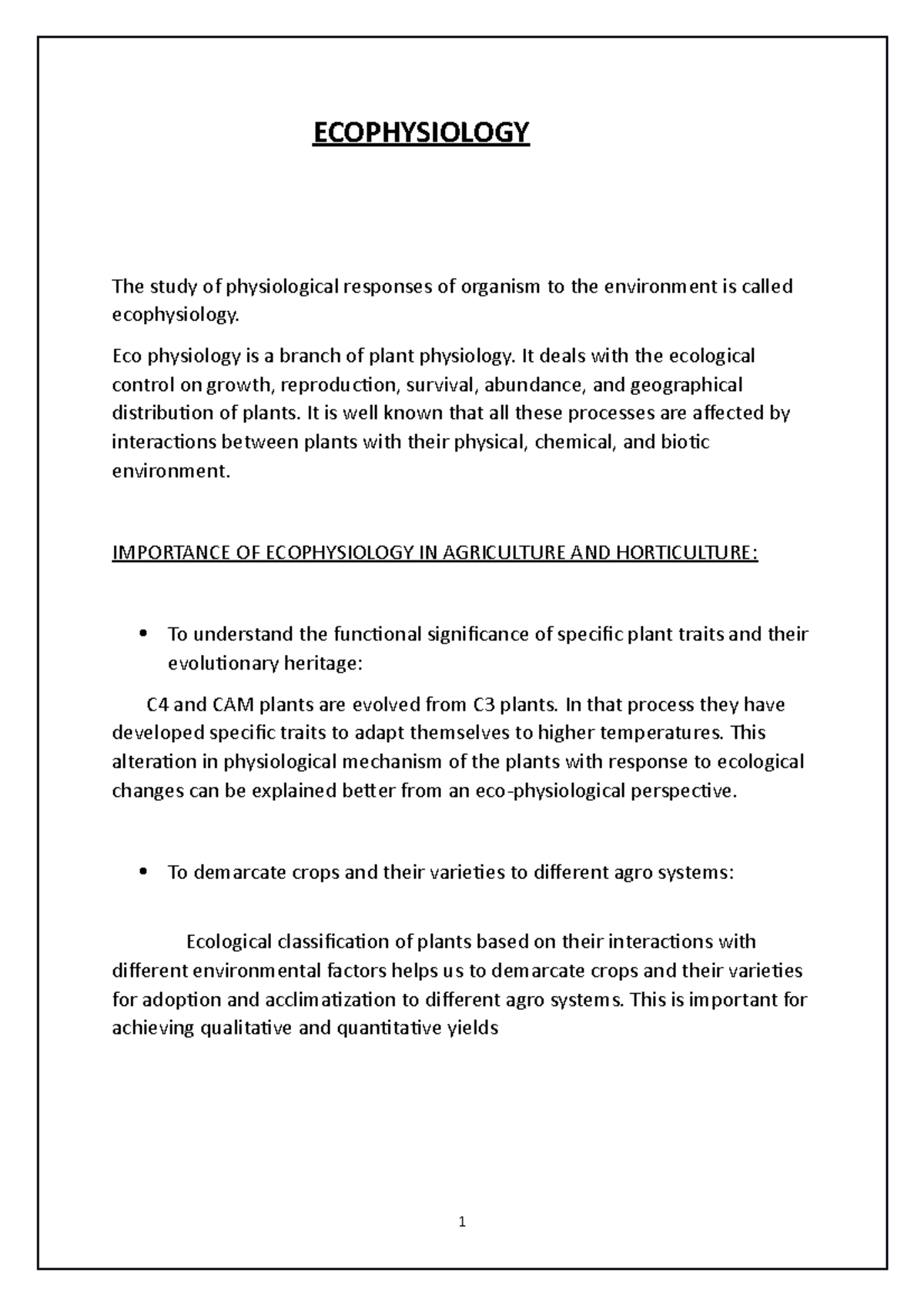 Ecophysiology - ECOPHYSIOLOGY The study of physiological responses of ...
