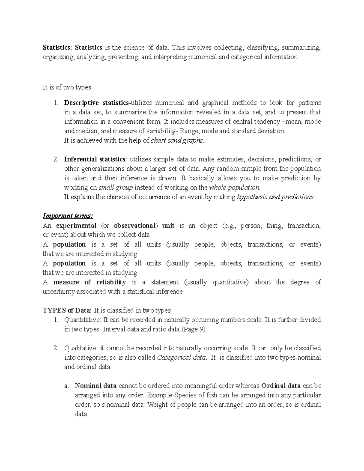 Chapter 1 - Statistics : Statistics is the science of data. This ...