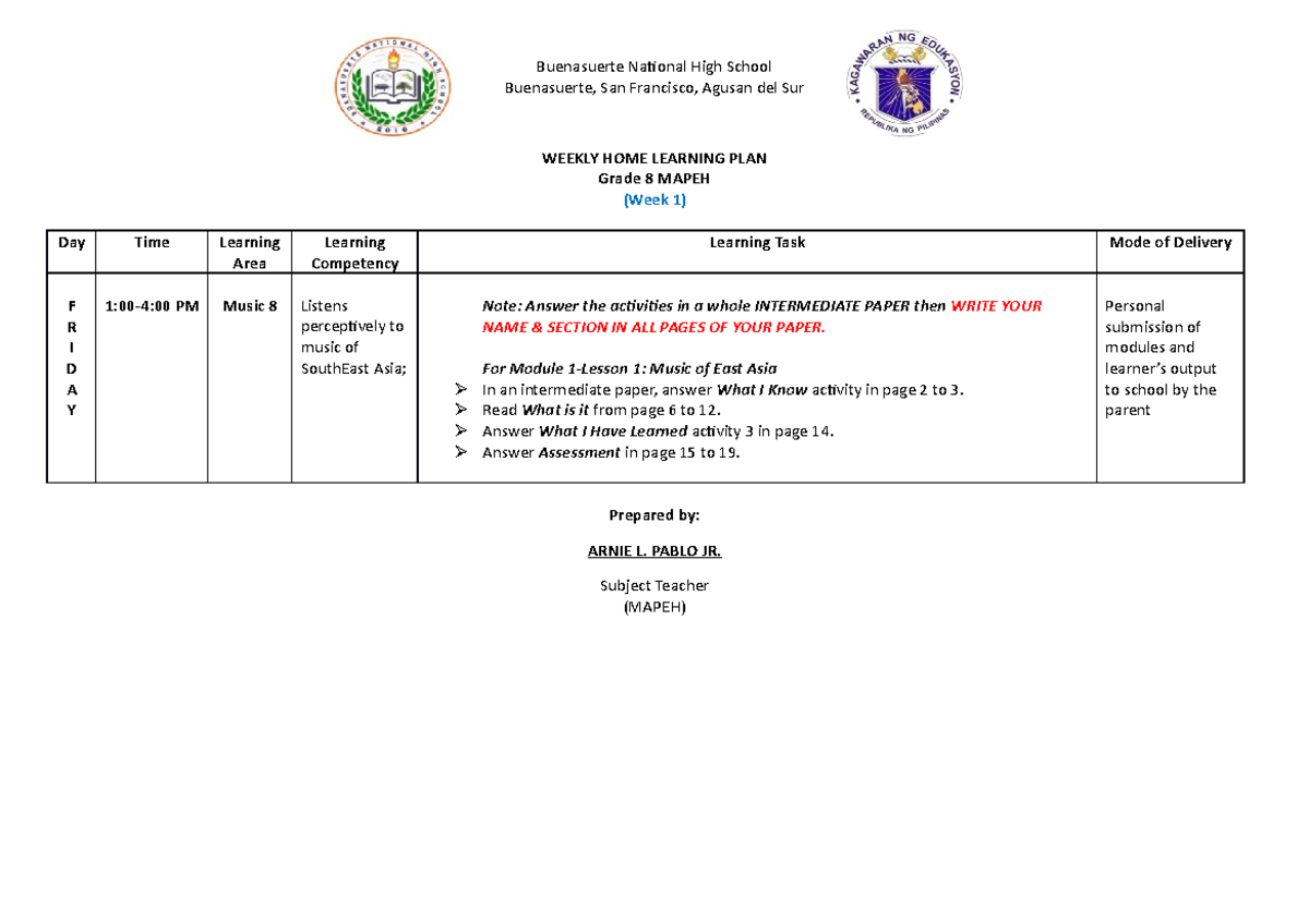 Week 1 WHLP Music 8 - Weekly Home Learning Plan - Buenasuerte National ...
