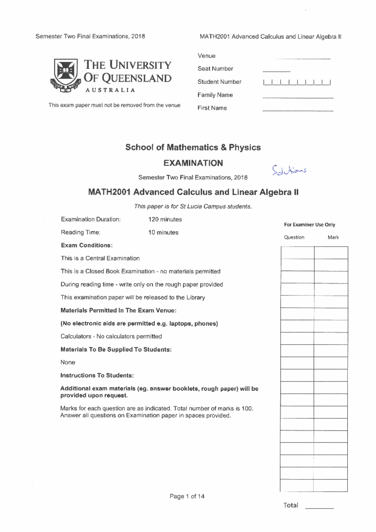 Semester Two Final Examinations 2018 MATH2001 Solutions - MATHS 2201 ...