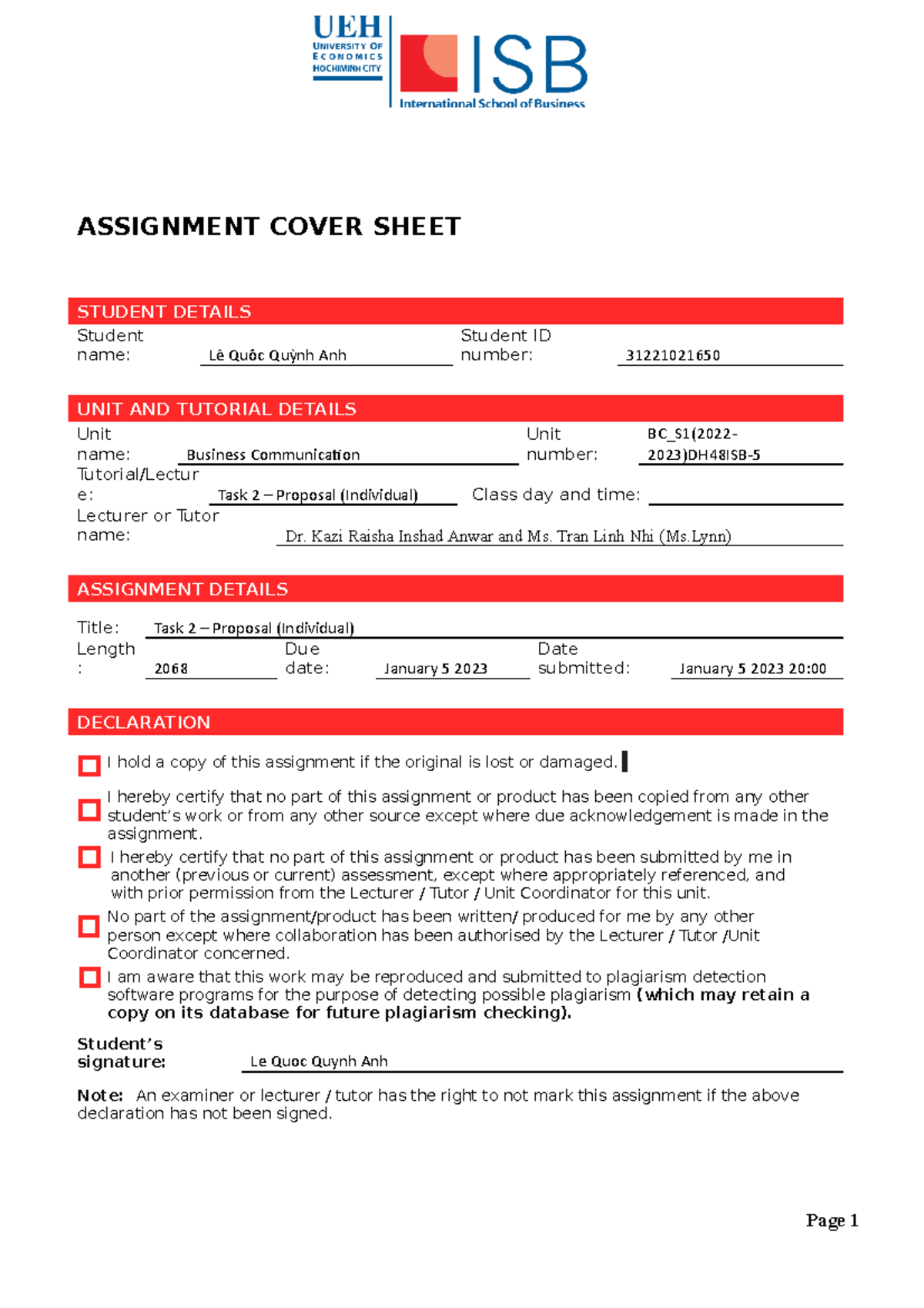 Proposal BC5 - ASSIGNMENT COVER SHEET STUDENT DETAILS Student name: Lê ...