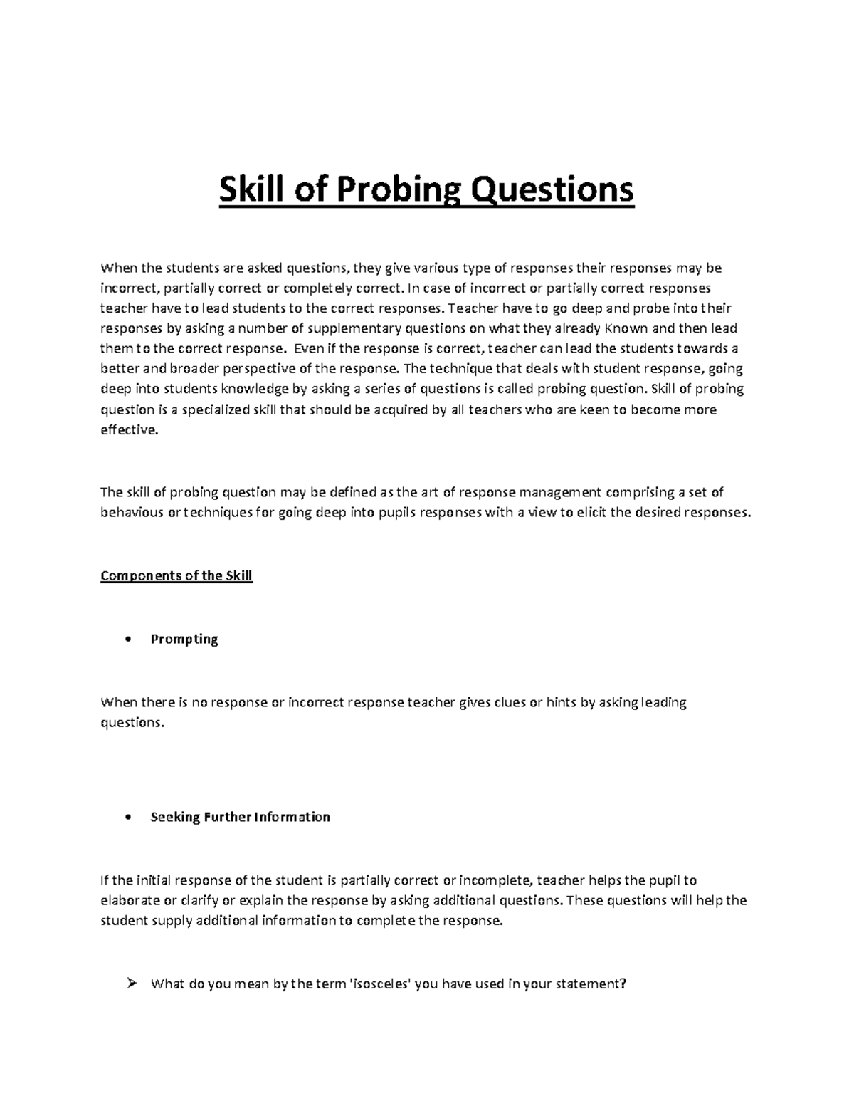 Skill of Probing Questions - In case of incorrect or partially correct ...