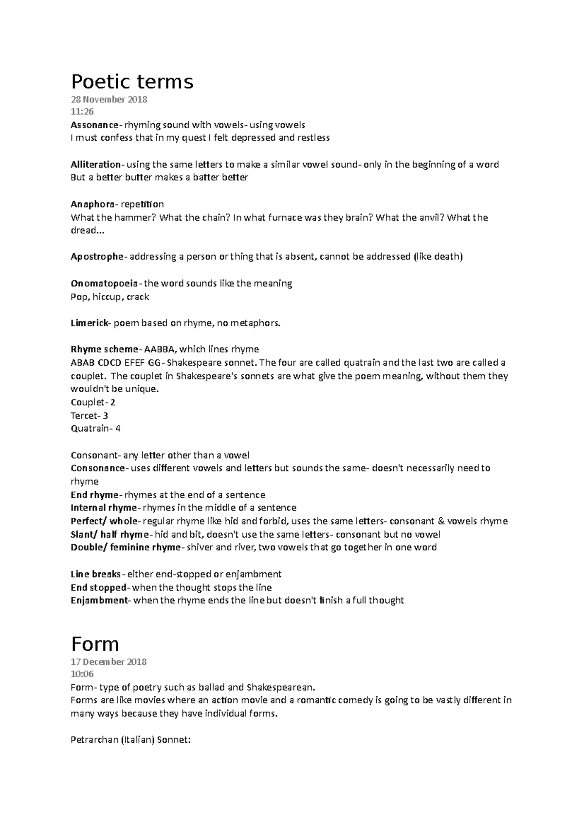 Poetry Class Notes - Poetic terms 28 November 2018 11:26 Assonance ...