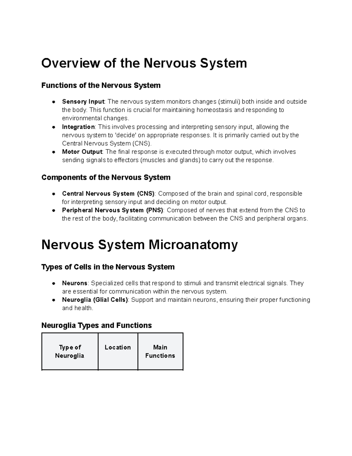Ch. 11 - Nervous System Notes - Overview of the Nervous System ...