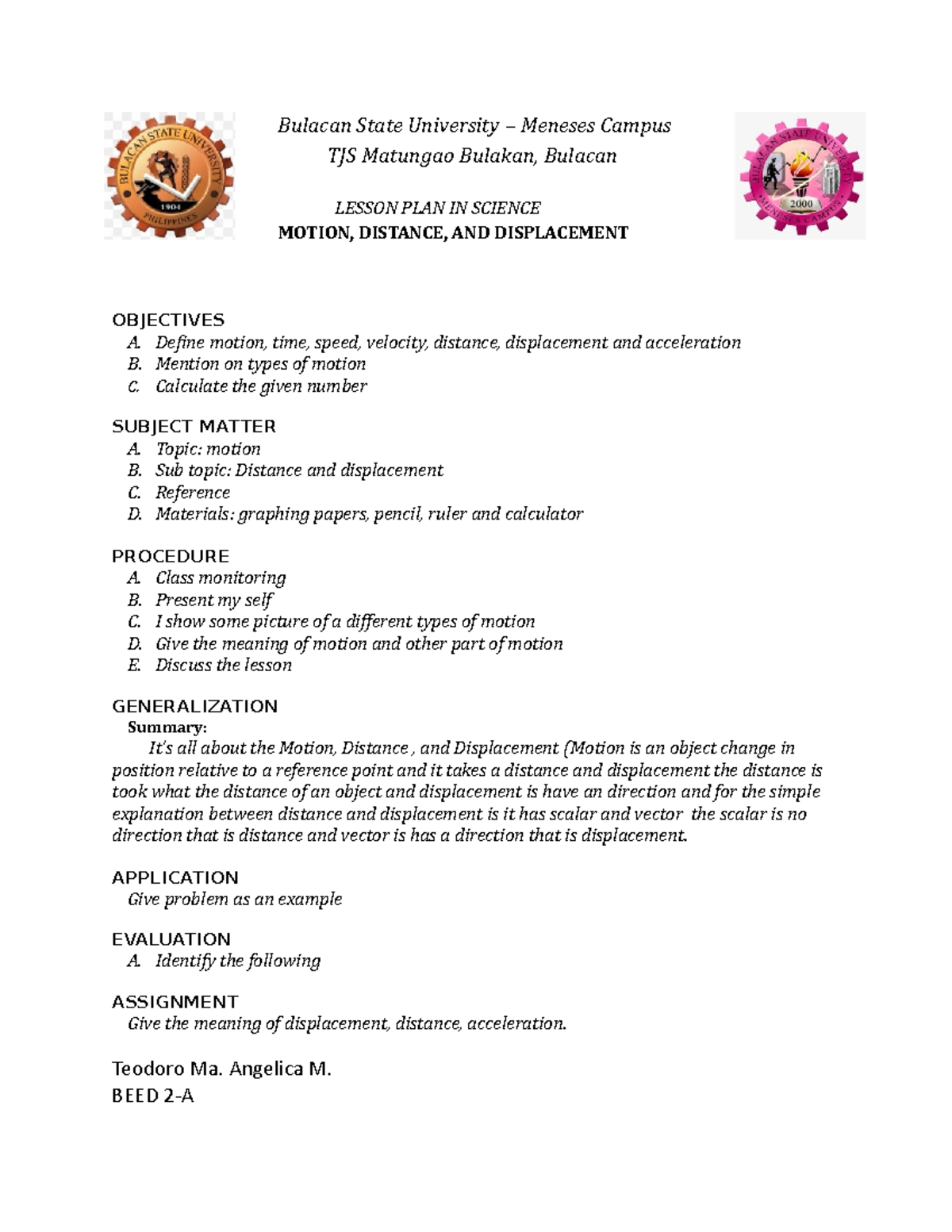 Lesson PLAN Motion - Bulacan State University – Meneses Campus TJS ...