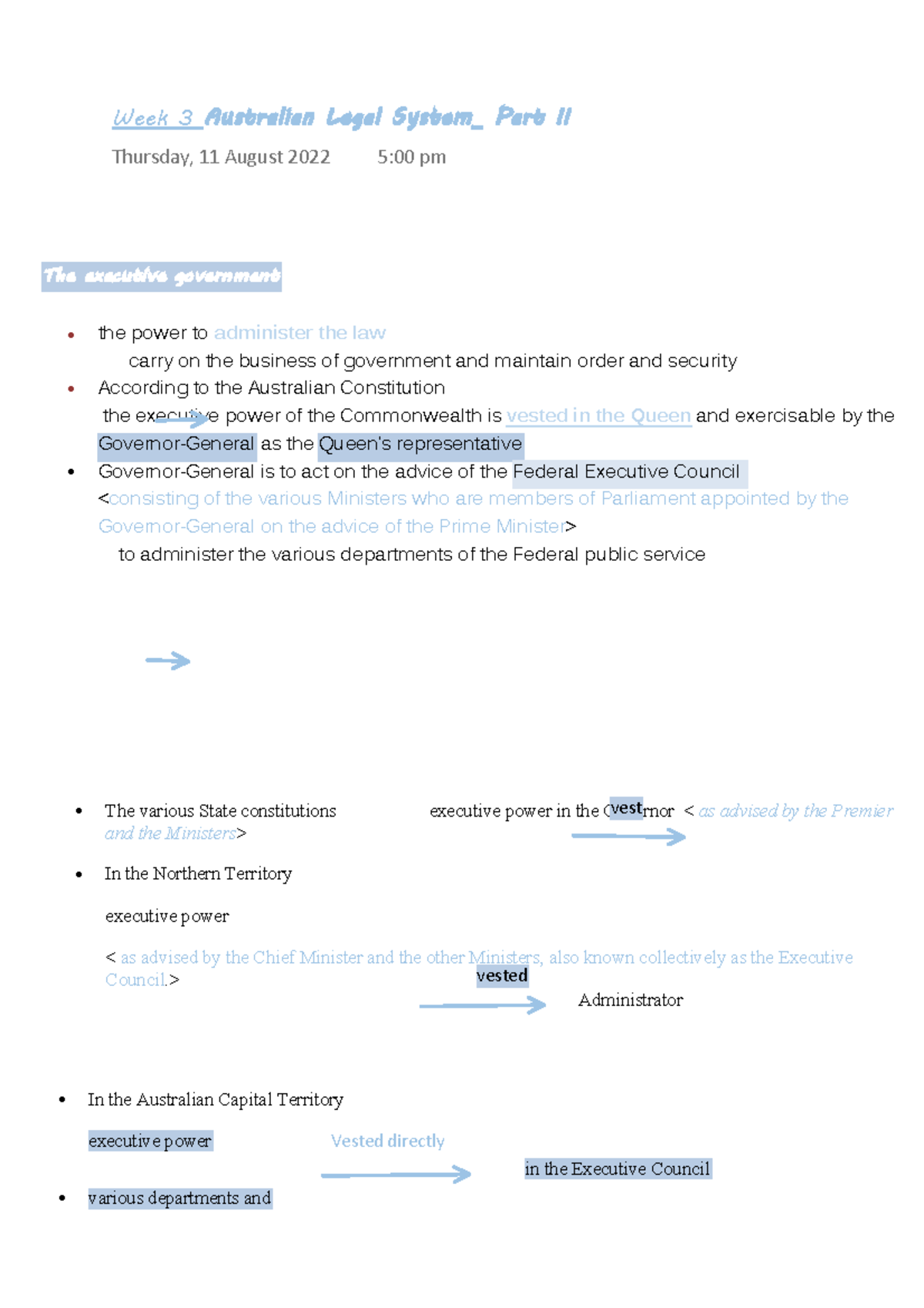 Week 3 Australian Legal System Part II - The executive government the ...