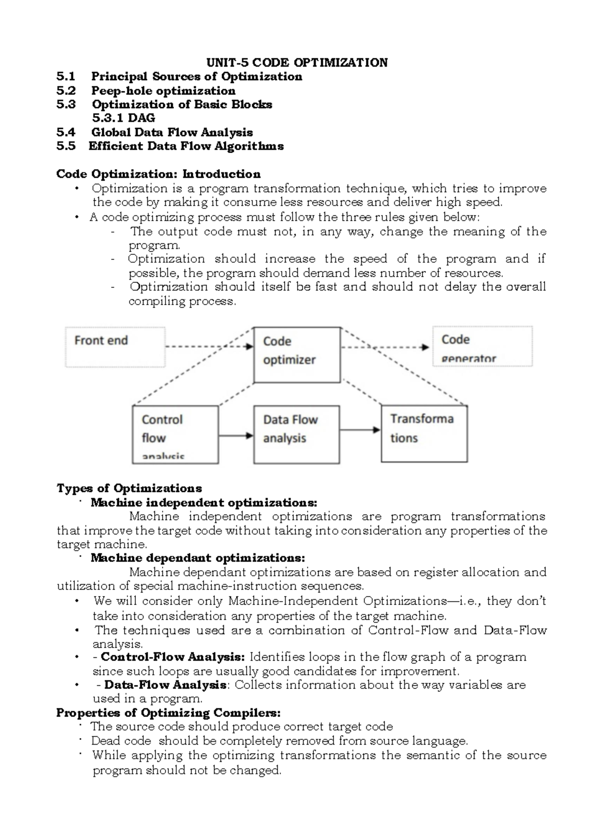 UNIT-5 - nil - UNIT-5 CODE OPTIMIZATION 5 Principal Sources of Optimization 5 Peep-hole ...