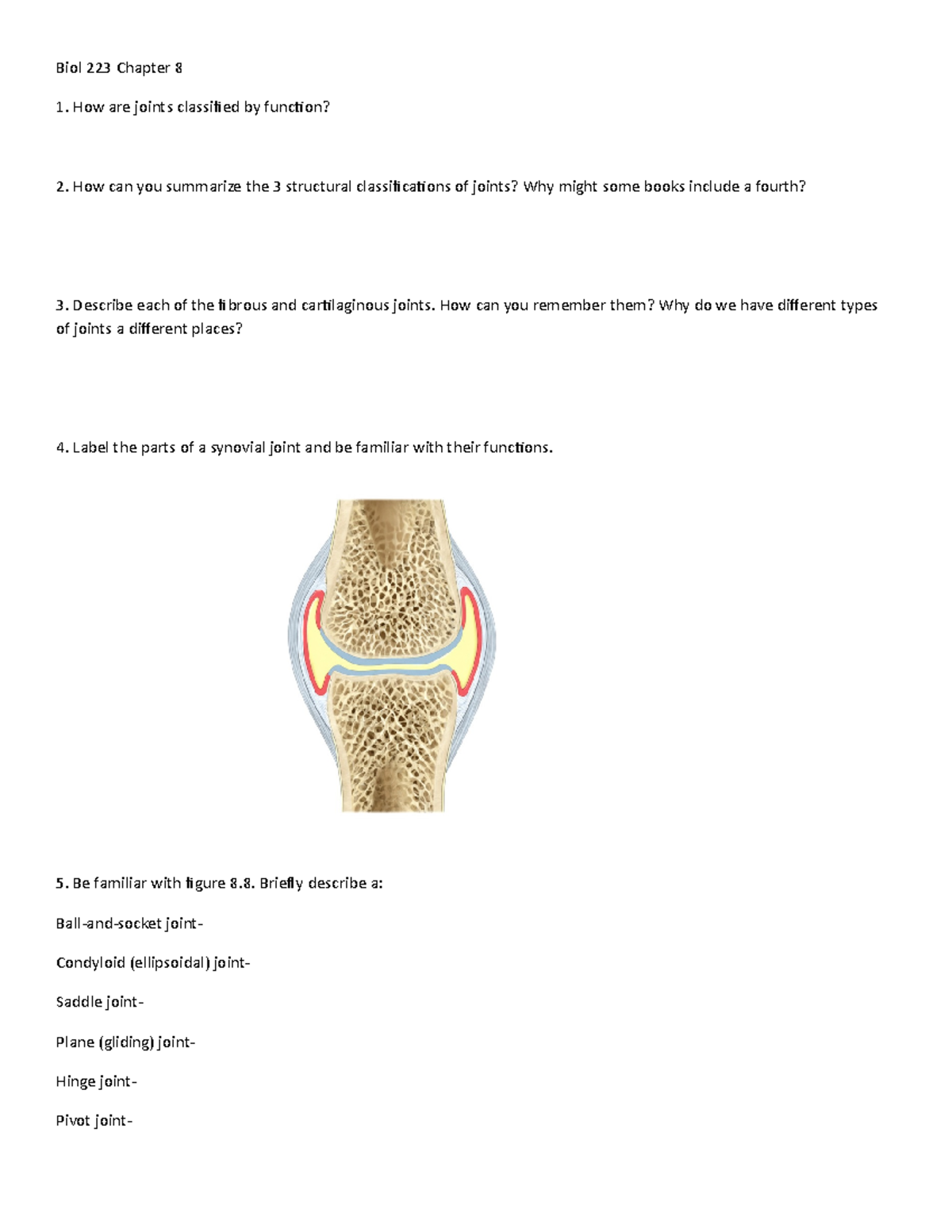 Biol 223 Chapter 8 Worksheet - Biol 223 Chapter 8 How are joints ...
