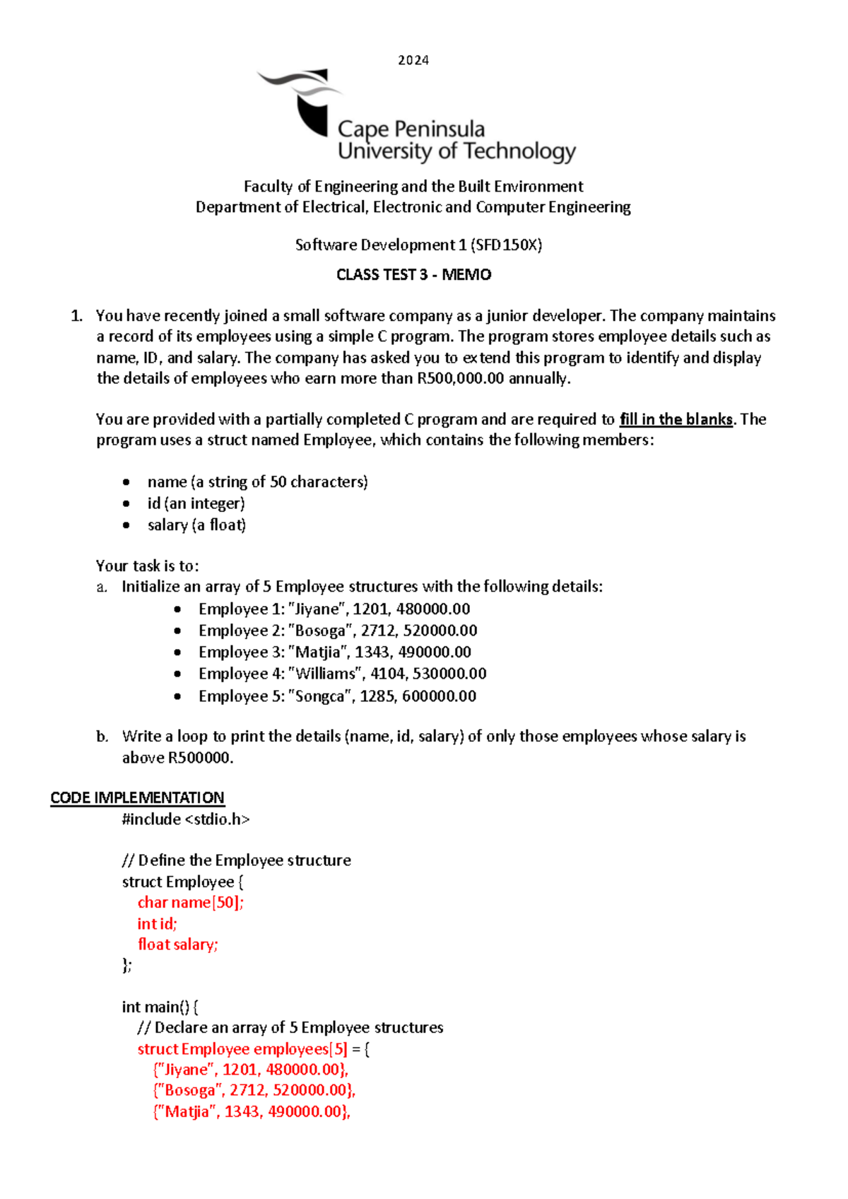 Class Test 3 Memo - learner - Faculty of Engineering and the Built ...