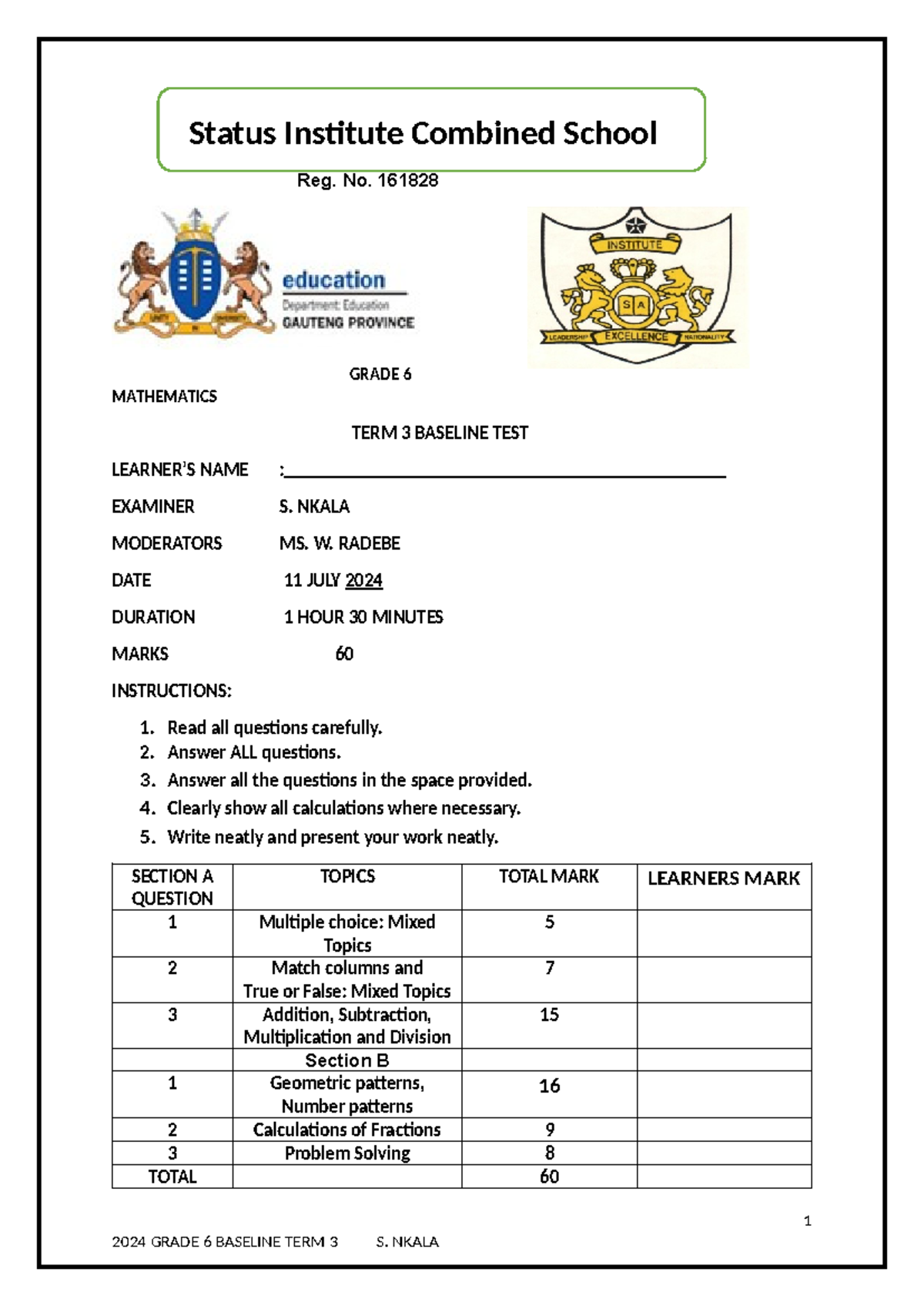 Grade 6, Term 3 Baseline Test 2024 - Status Institute Combined School ...