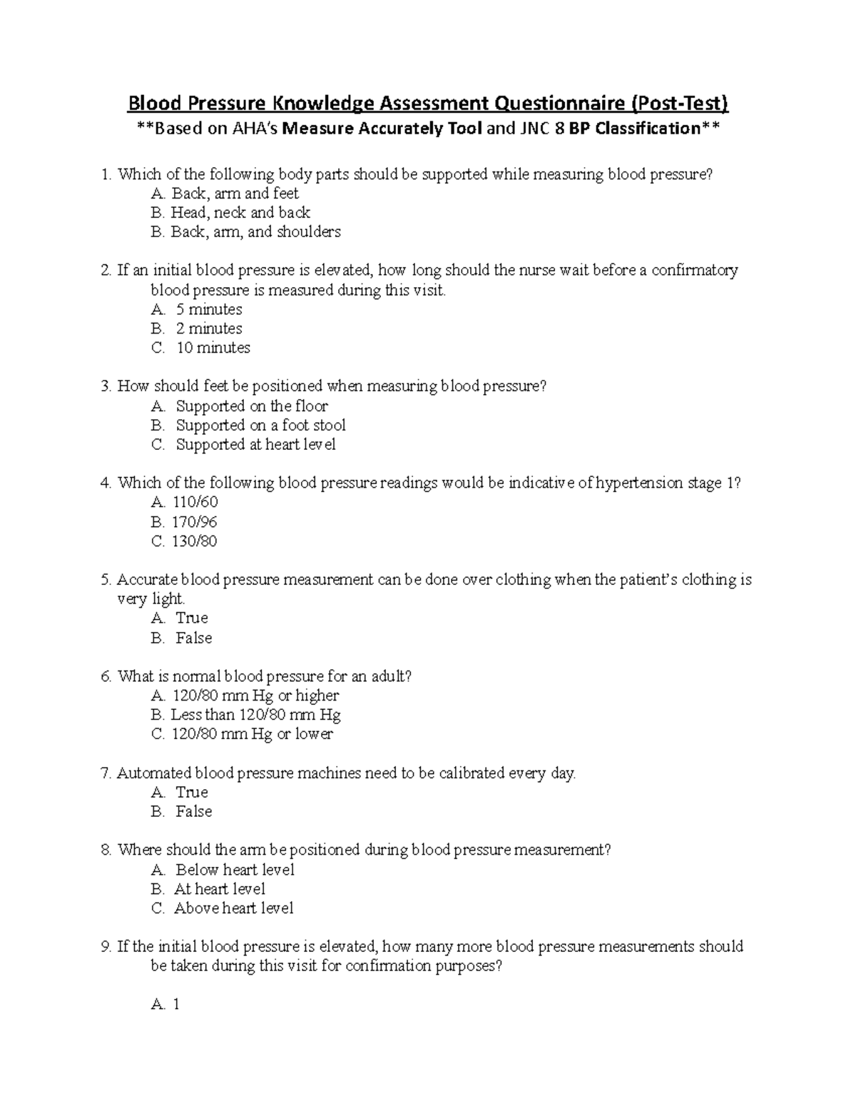 BP Knowledge Assessment Tool (Post-Test) 7.13.2022 - Blood Pressure ...