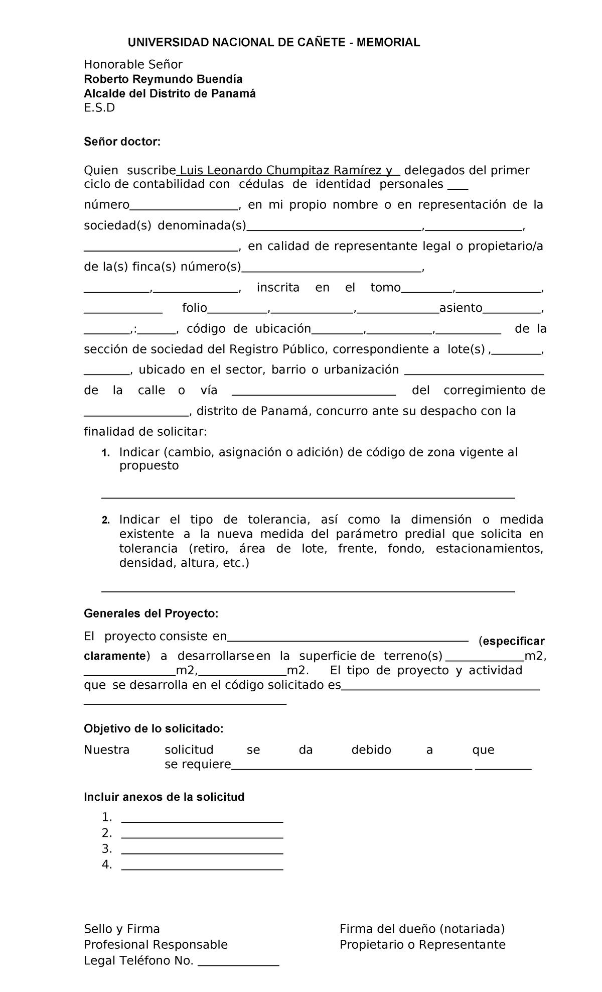 Modelo DE Memorial PARA Solicitud JPM - UNIVERSIDAD NACIONAL DE CAÑETE ...