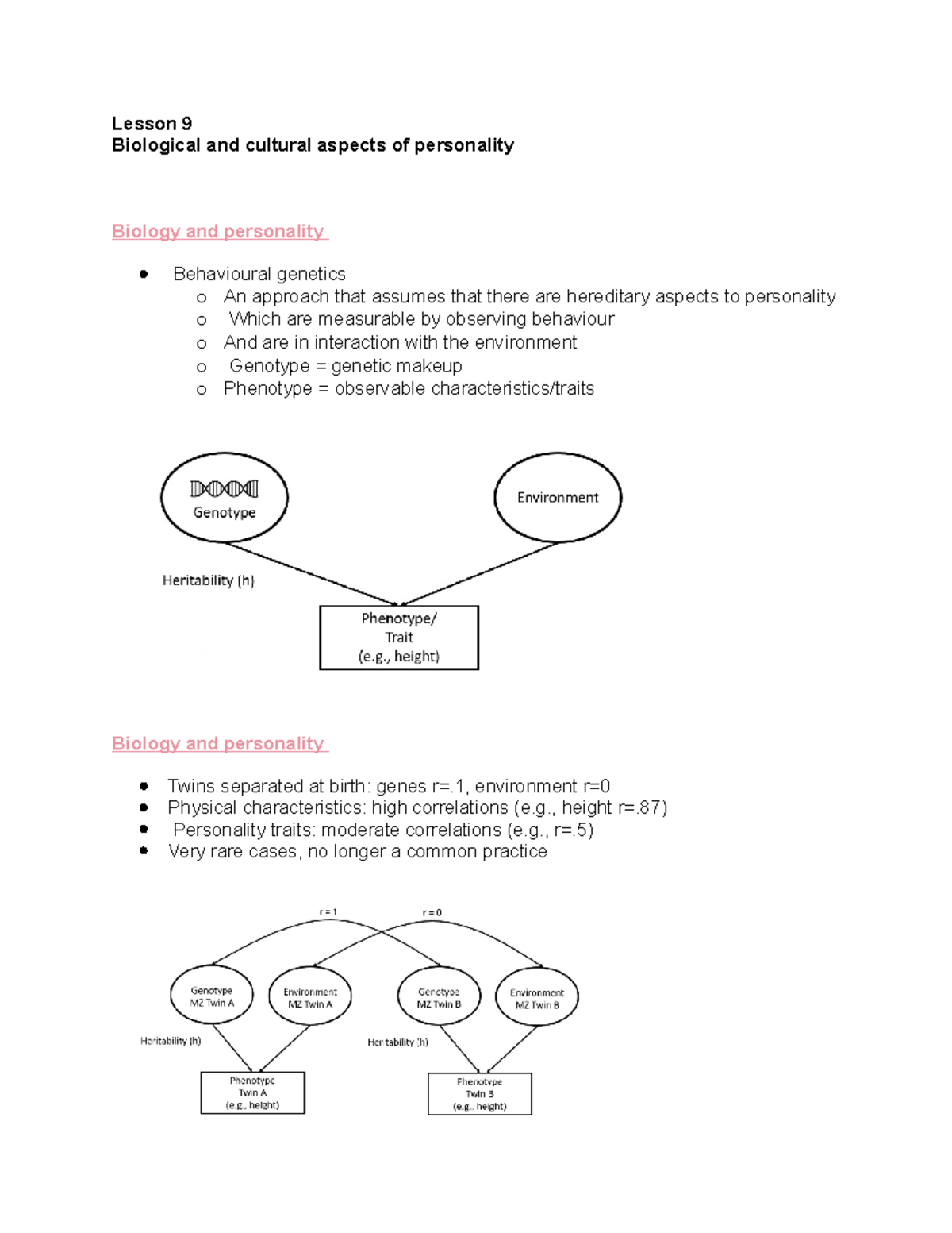 Lesson 9 Biological aspects of personality - Lesson 9 Biological and ...