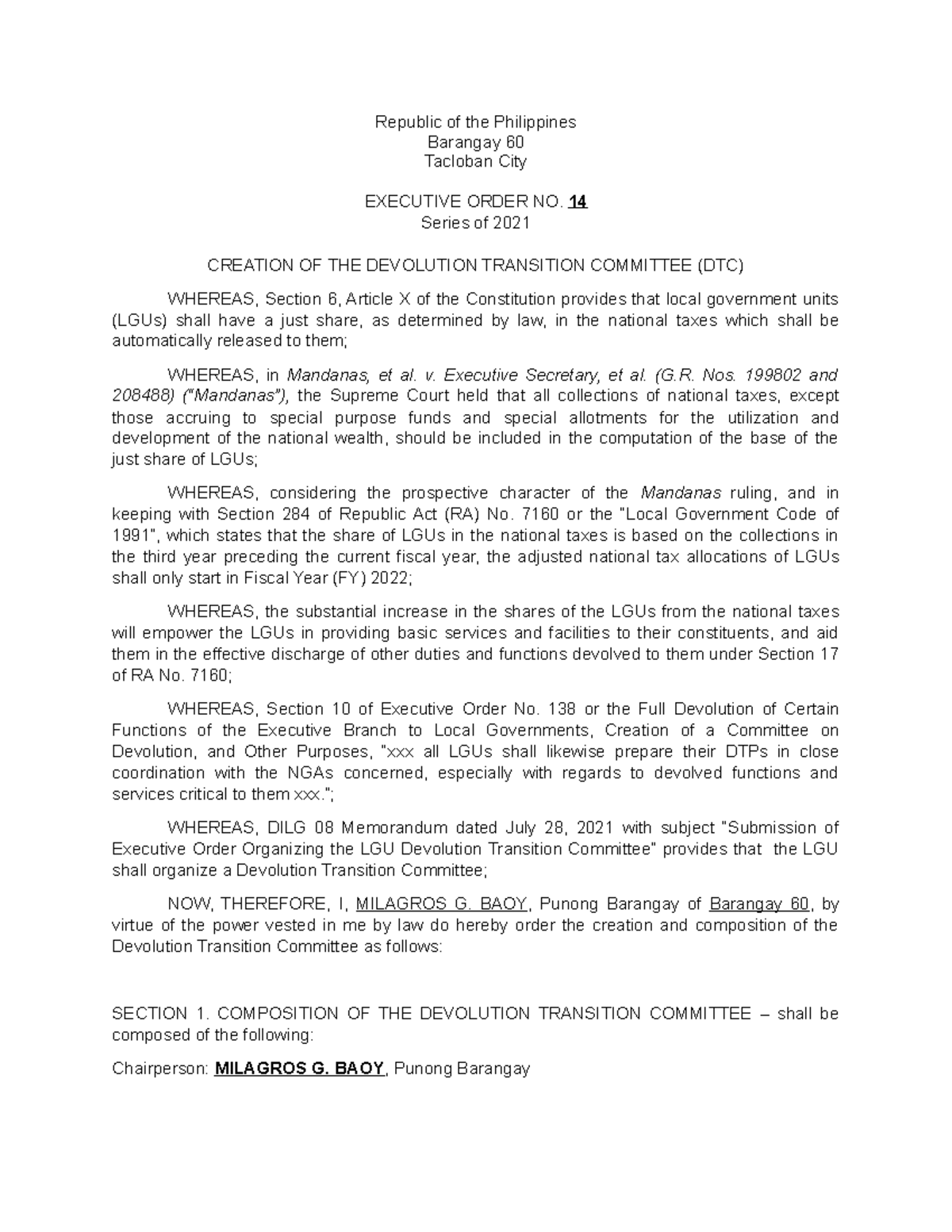 Exec-order dtc - None - Republic of the Philippines Barangay 60 ...