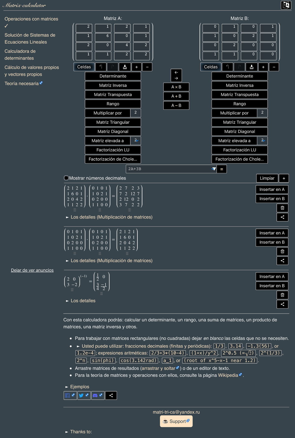 Calculadora de Matrices - Matrix calculator Operaciones con matrices Solución de Sistemas de ...