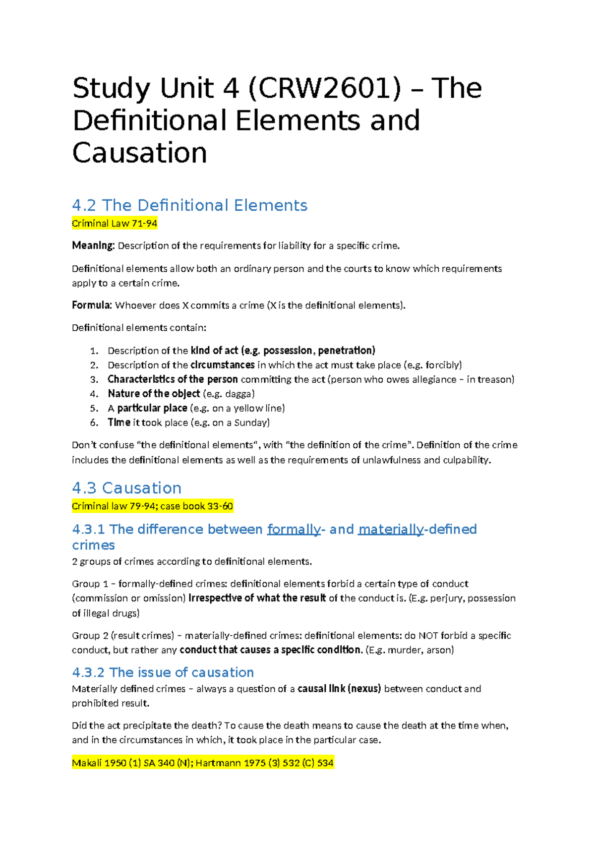 CRW2601 Study Unit 4 The Definitional Elements and Causation - Study ...