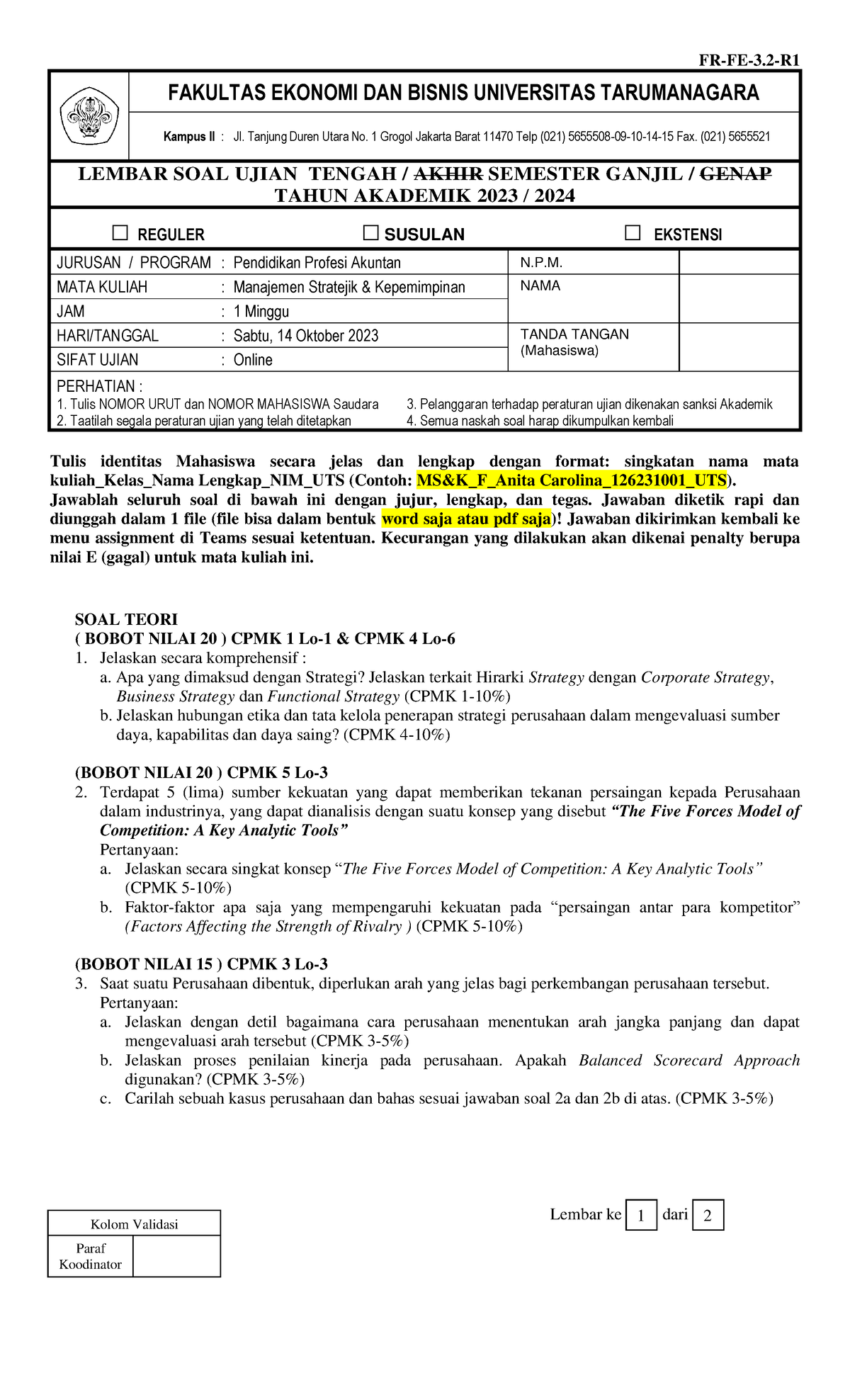 UTS MS&K B C2324 - PRODESI - Kolom Validasi Paraf Koodinator FR-FE-3-R ...