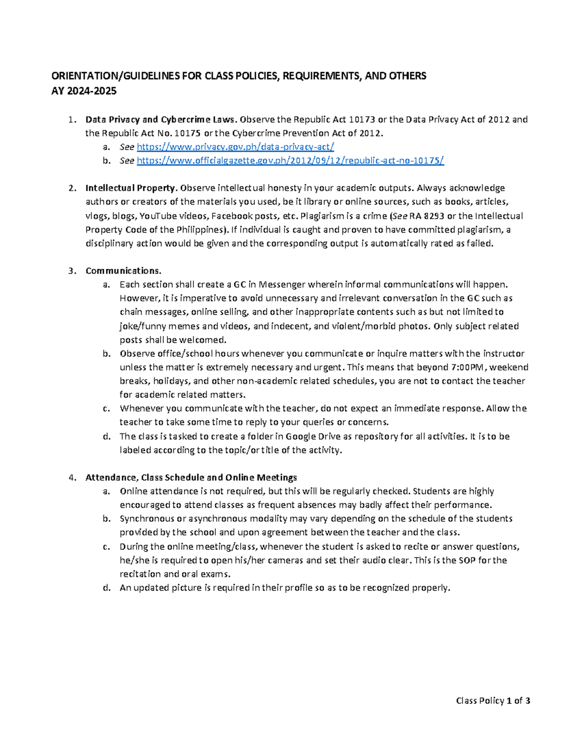 Class-Policies.V5 - Classroom needed - Class Policy 1 of 3 ORIENTATION ...