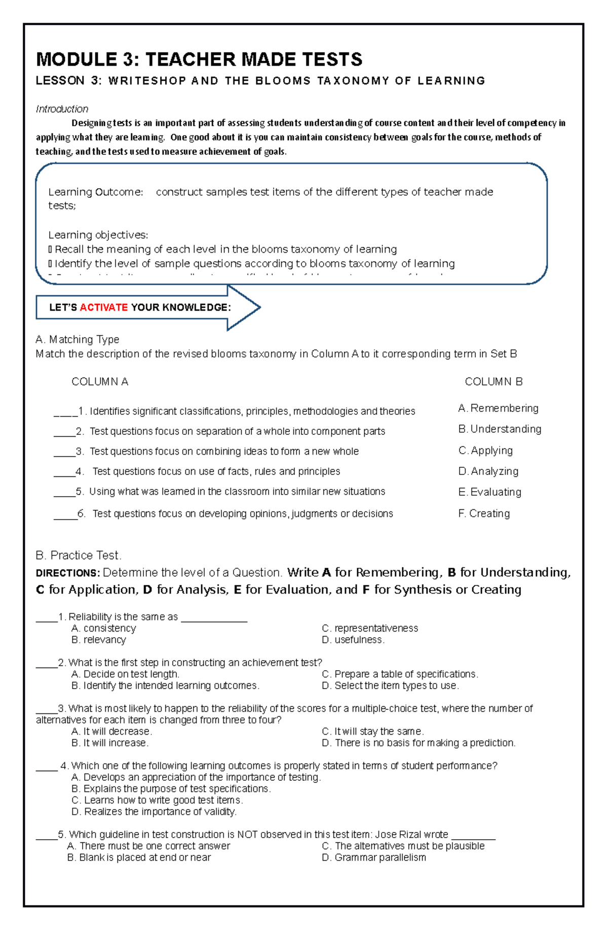 2 Module 1 Lesson 1 Activity sheets - MODULE 3: TEACHER MADE TESTS ...