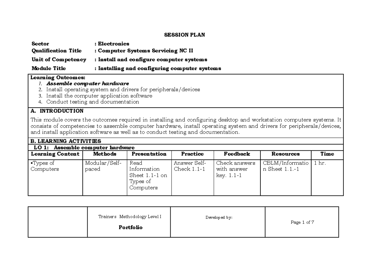 Pdfcoffee - gfhfhhf - Trainers Methodology Level I Developed by: Page 1 of 7 SESSION PLAN Sector ...