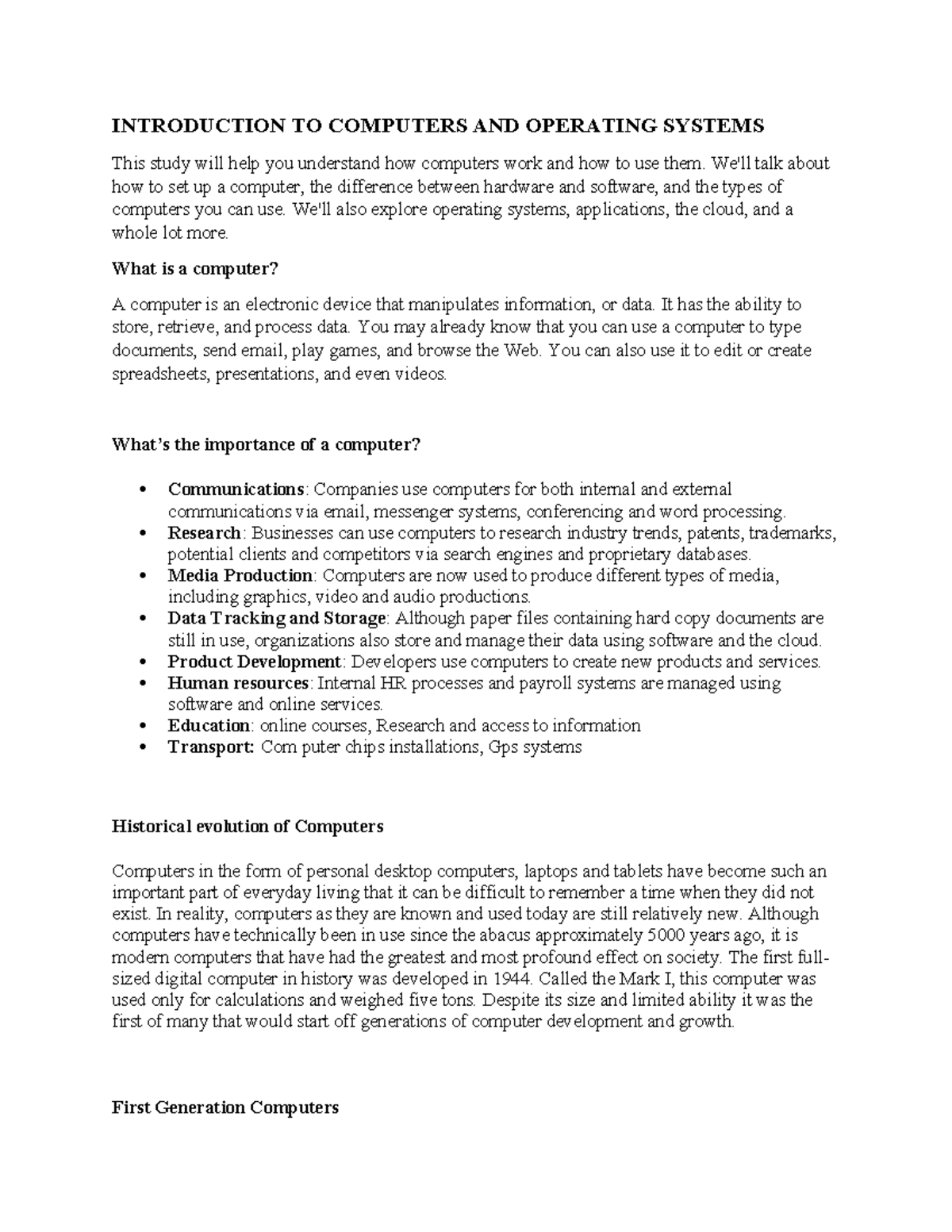 Introduction TO Computers AND Operating Systems - INTRODUCTION TO COMPUTERS AND OPERATING ...