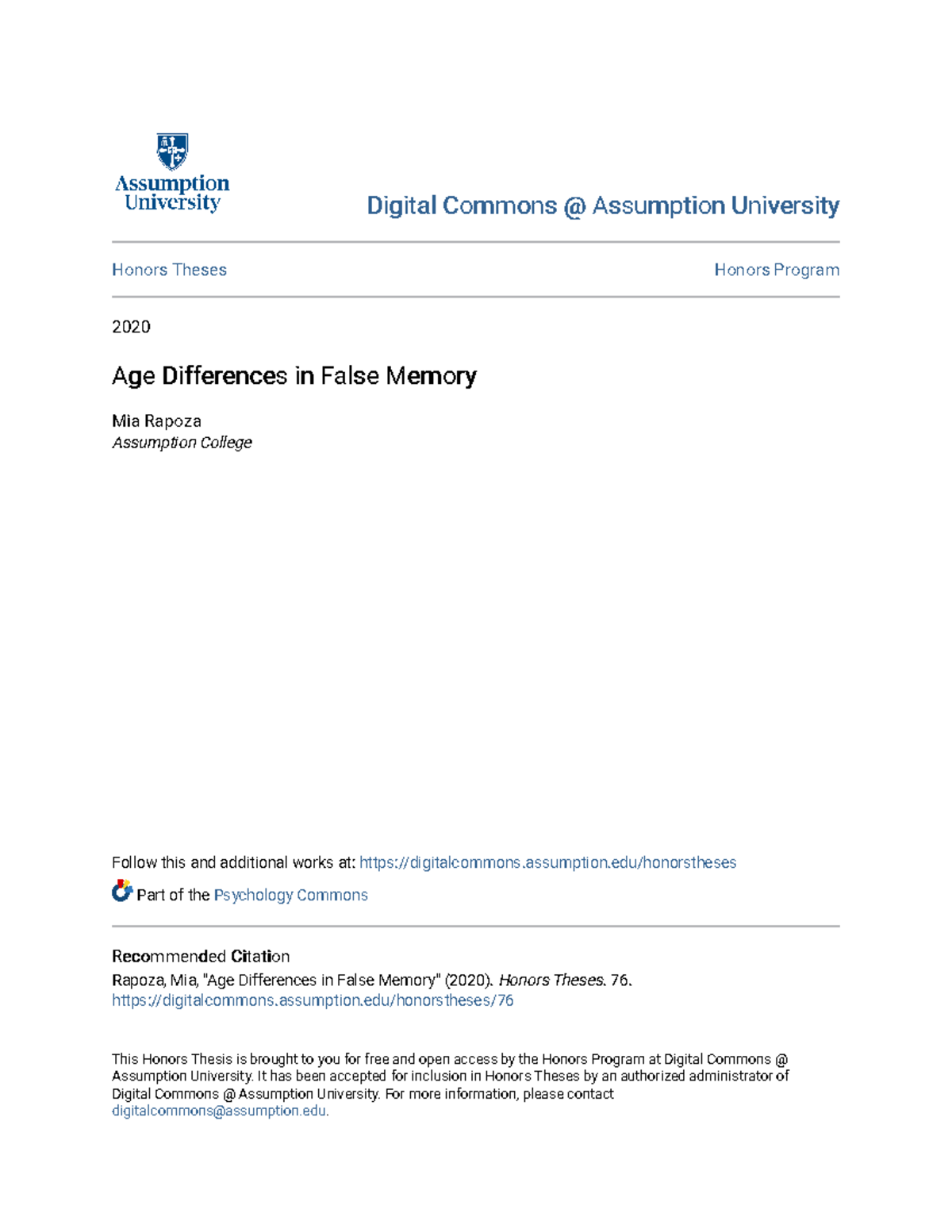Age Differences in False Memory - Digital Commons @ Assumption ...