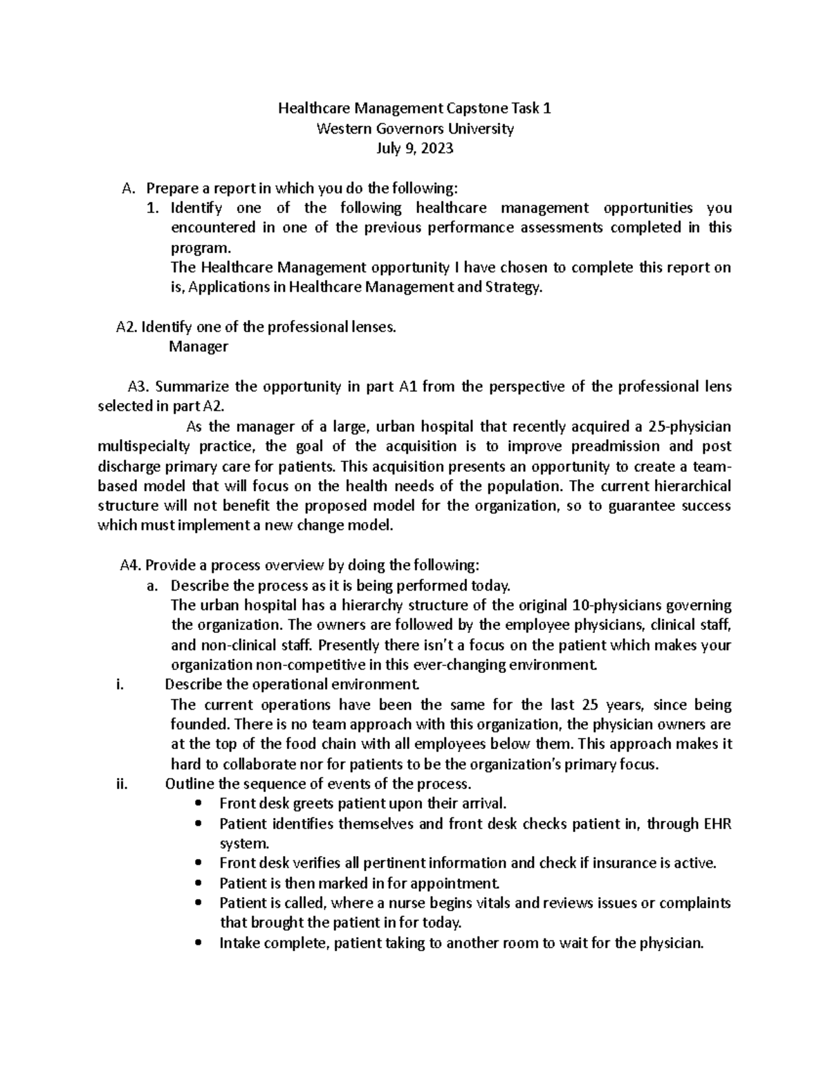 Healthcare amanagement Capstone Task 1 - Prepare a report in which you ...