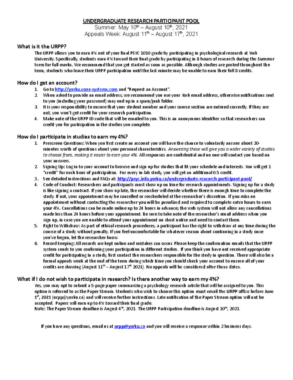 Student Handout S 2021 - UNDERGRADUATE RESEARCH PARTICIPANT POOL Summer ...