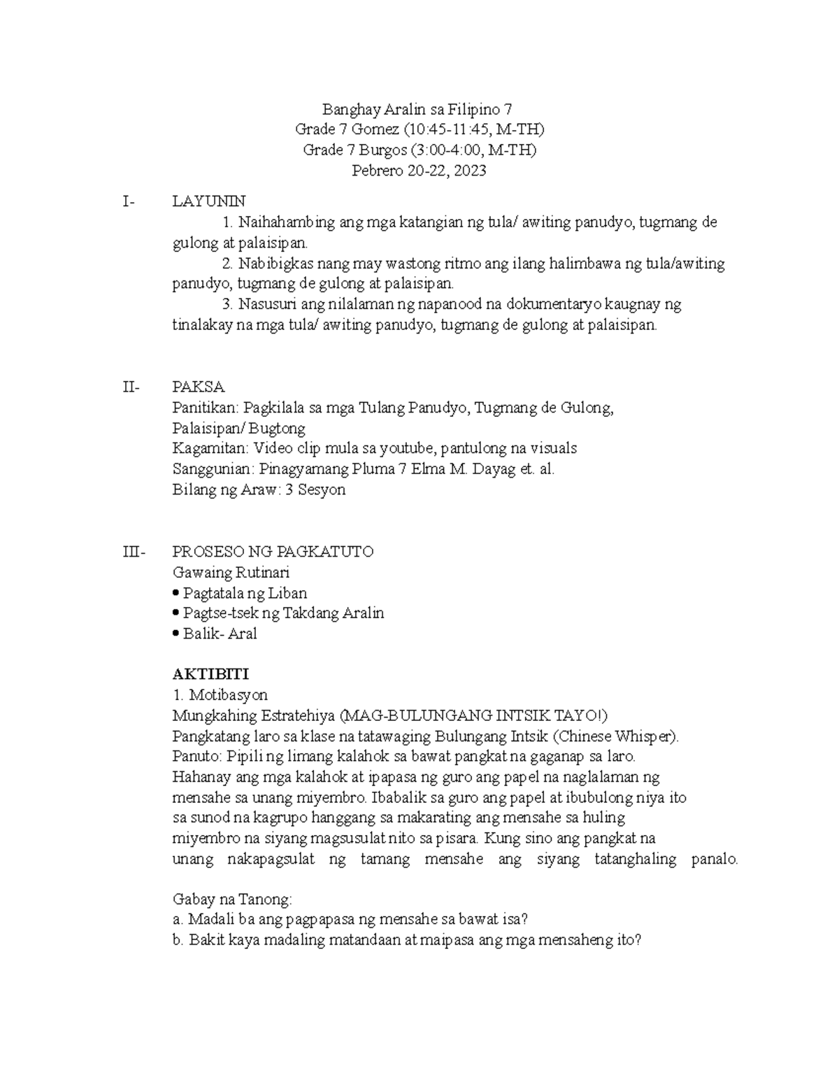 Banghay Aralin sa Filipino 7 Ikatlong markahan - Banghay Aralin sa Filipino 7 Grade 7 Gomez ...