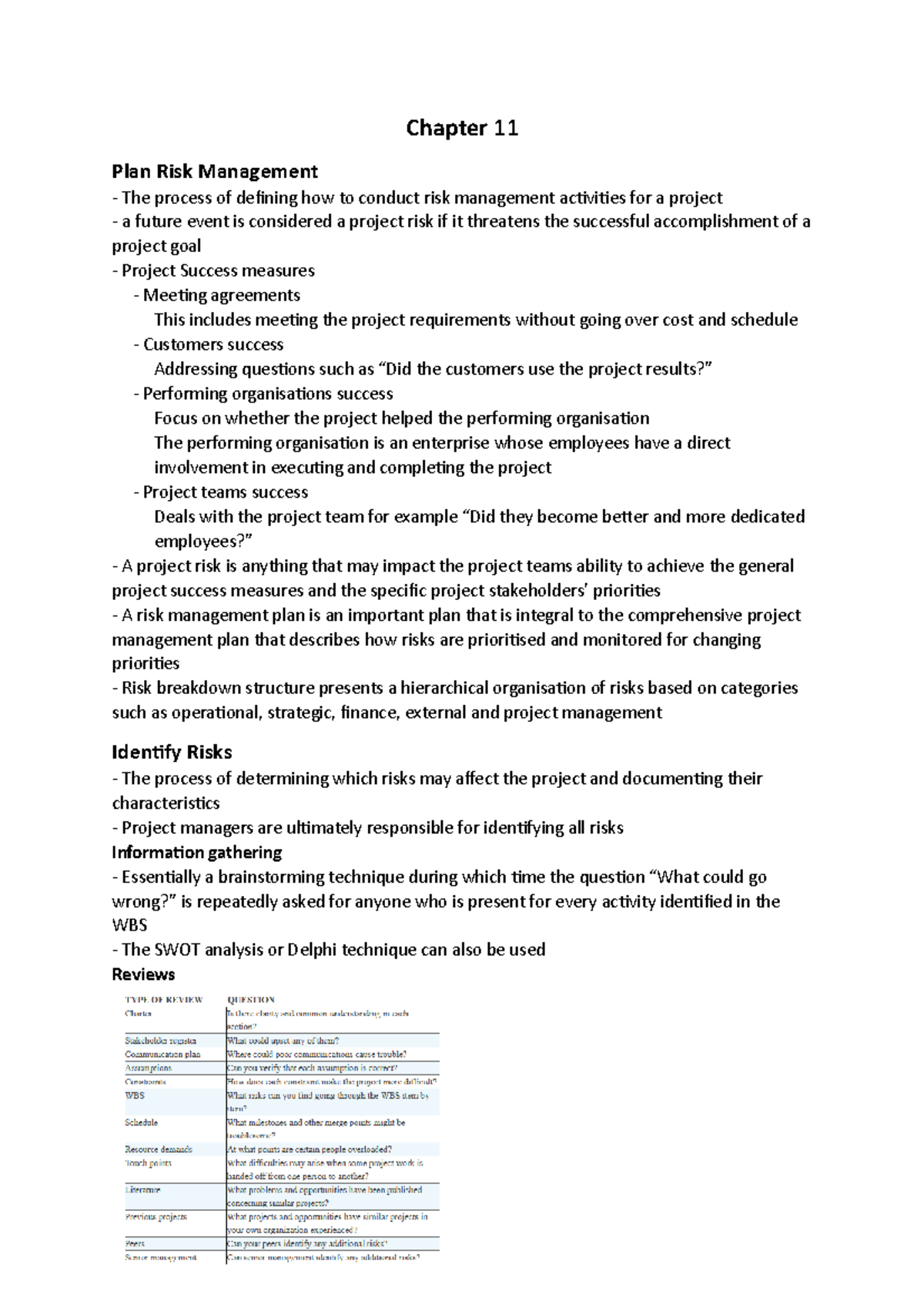 Chapter 11 - Summary Business management - Chapter 11 Plan Risk ...