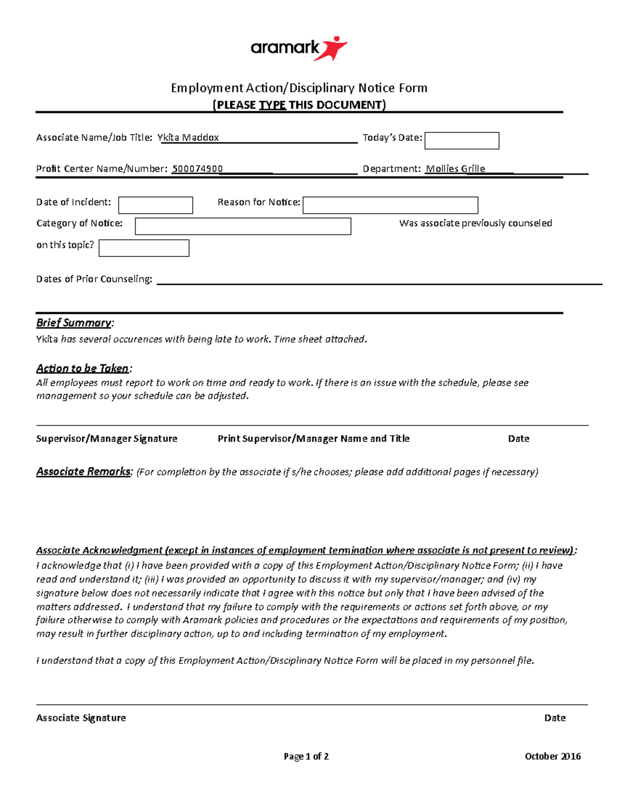 Ykita Maddox- Attendance Employment Action Disciplinary Notice Form ...